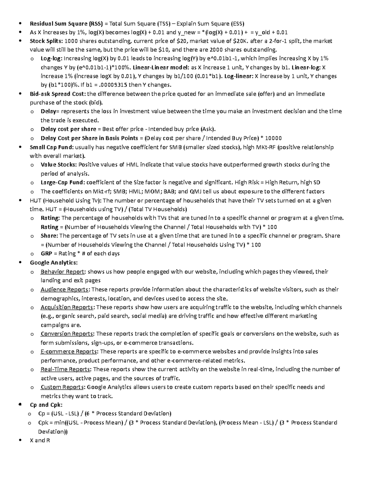 Final Cheat Sheet - Residual Sum Square (RSS) = Total Sum Square (TSS ...