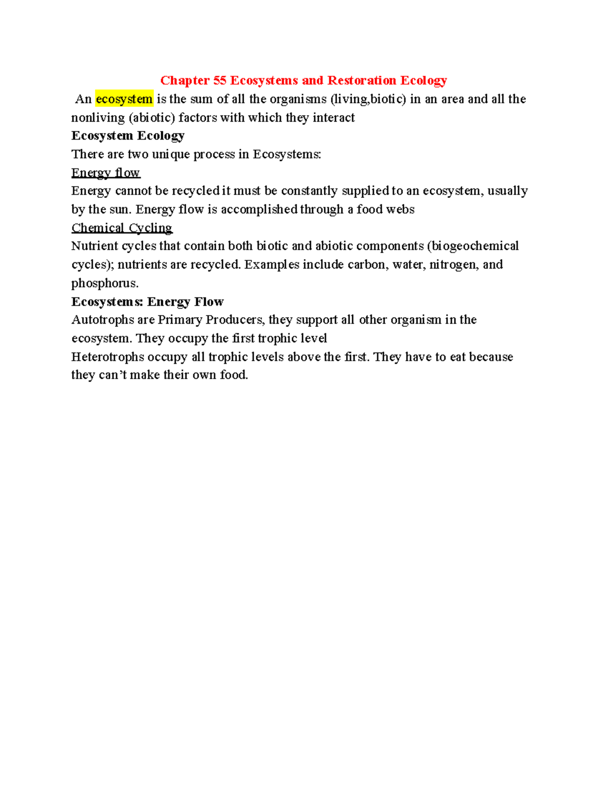 Chapter 55 Ecosystems and Restoration Ecology - Energy flow is ...