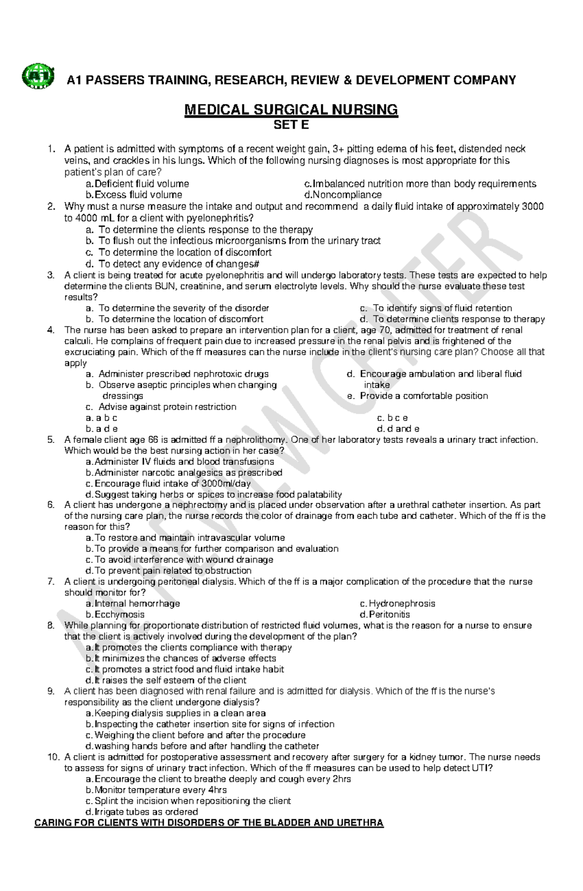 Medical Surgical Nursing Practice Questions - A1 PASSERS TRAINING ...