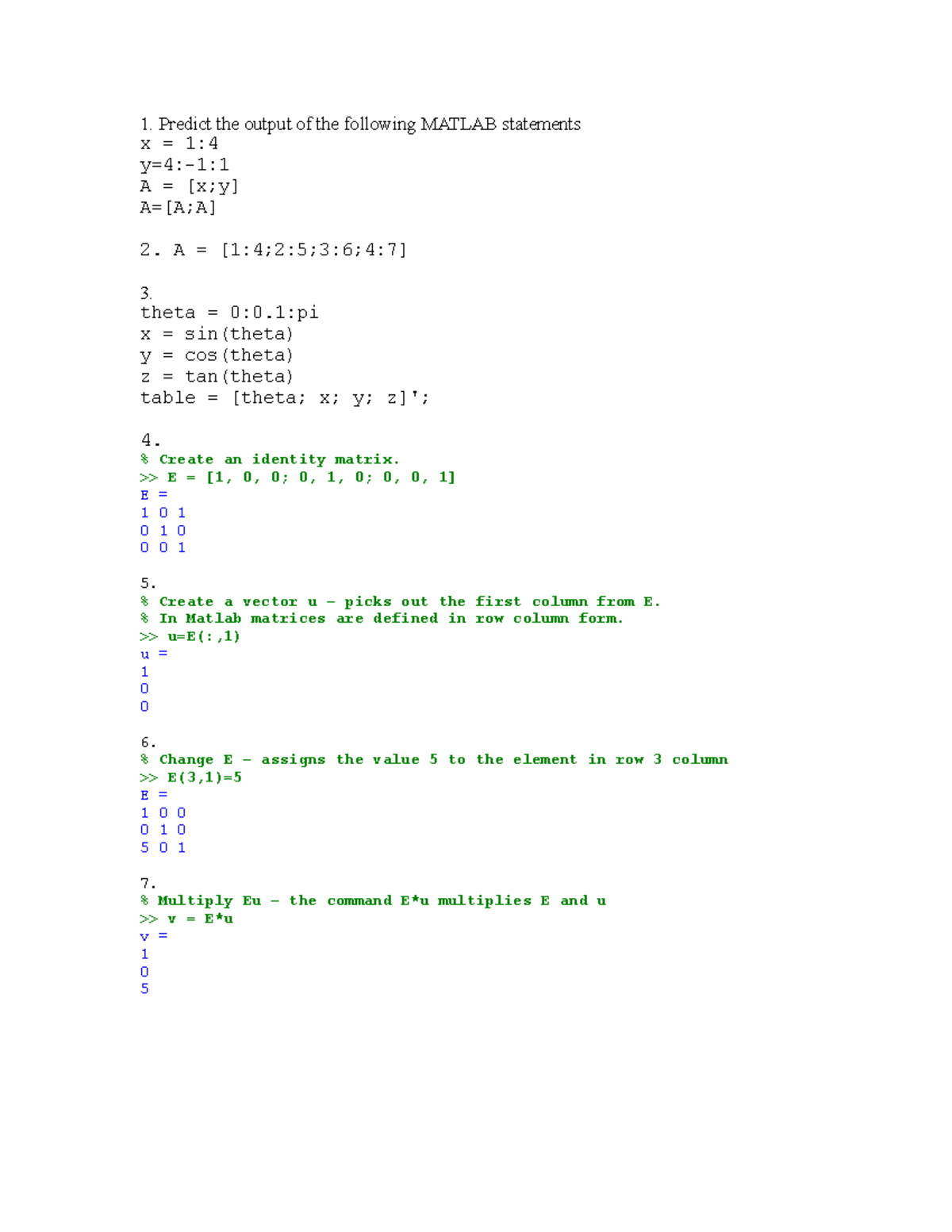 Matlab task 1 - This was designed by MIP lab sir - 1. Predict the output of the following MATLAB ...