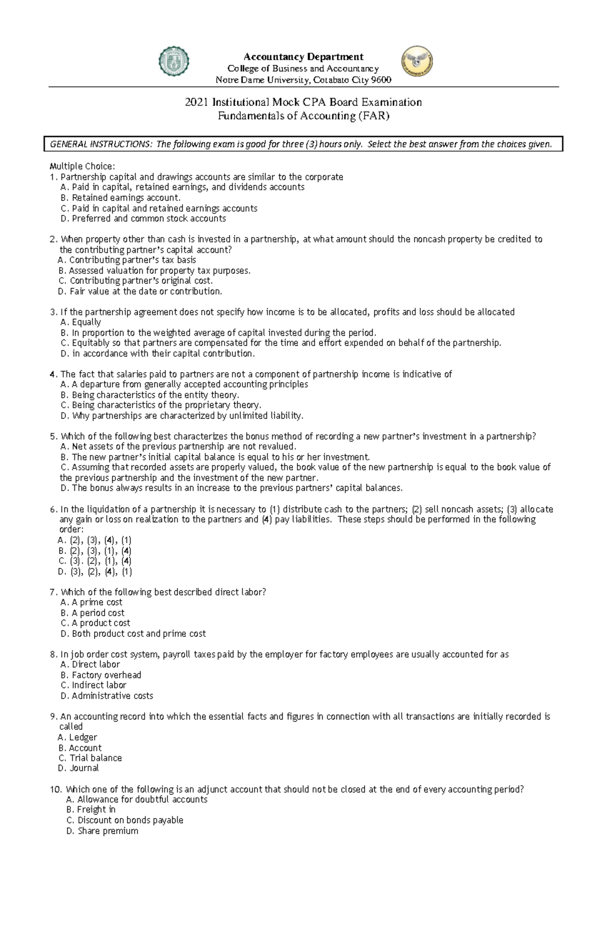 Fundamentals of Accounting 2021 Special Term Mock Board Exam ...