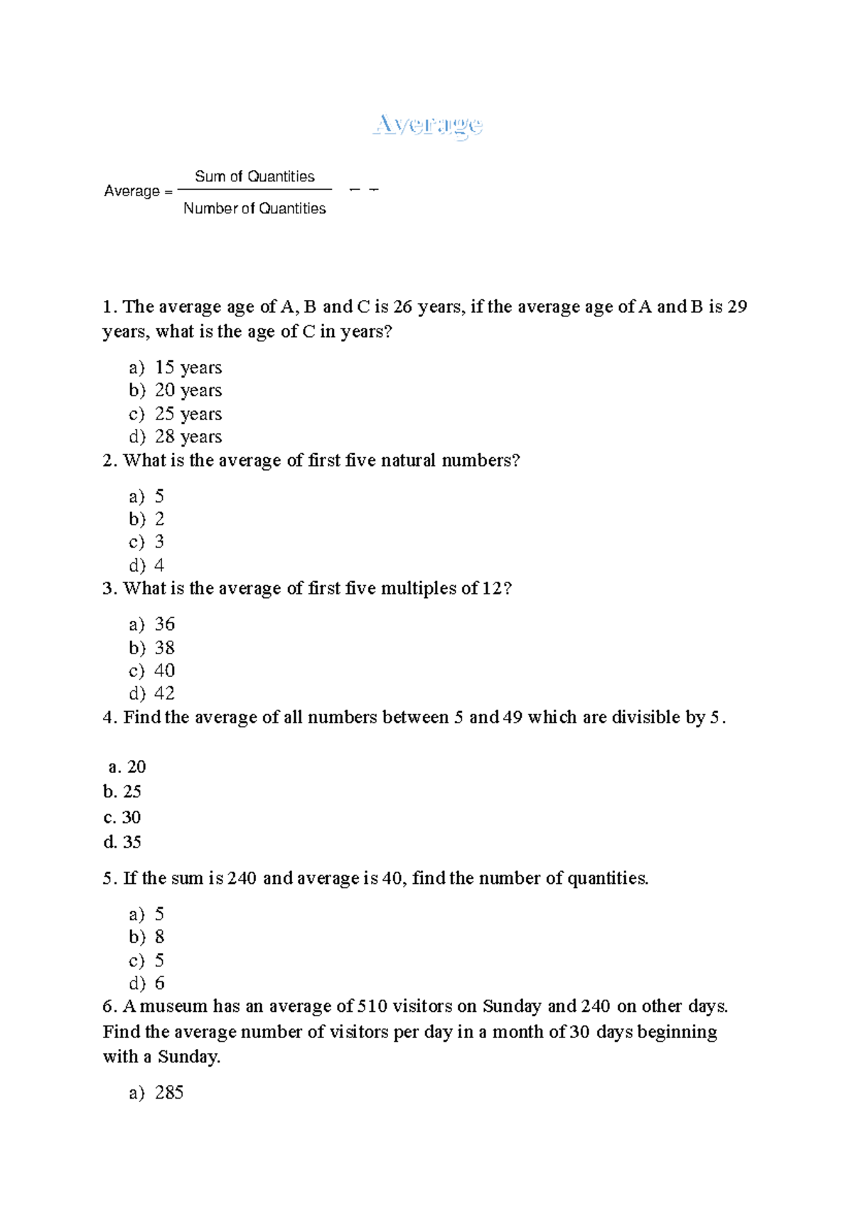 Averages - Notes - Average = Sum of Quantities Number of Quantities 1 ...