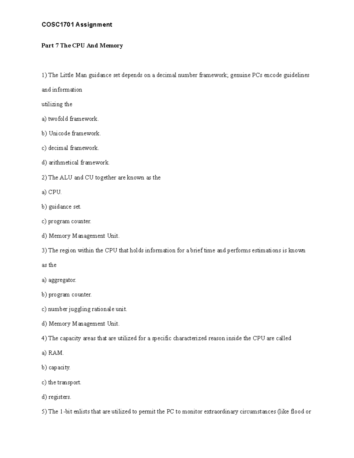 Cosc1701 Assignment #7- CPU And Memory - Part 7 The CPU And Memory The Little Man guidance set ...