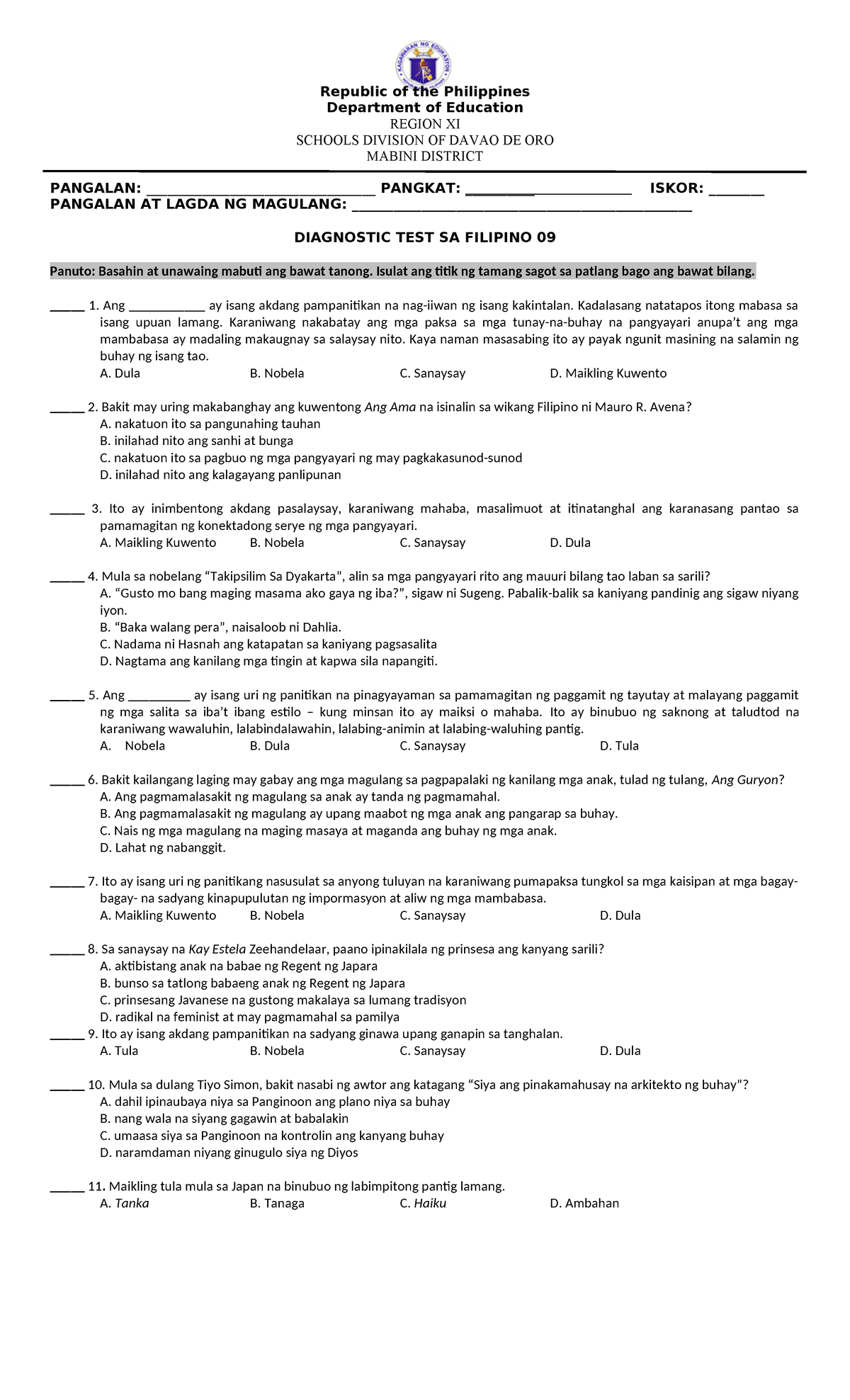 Diagnostic Test sa Filipino 9 - Republic of the Philippines Department ...