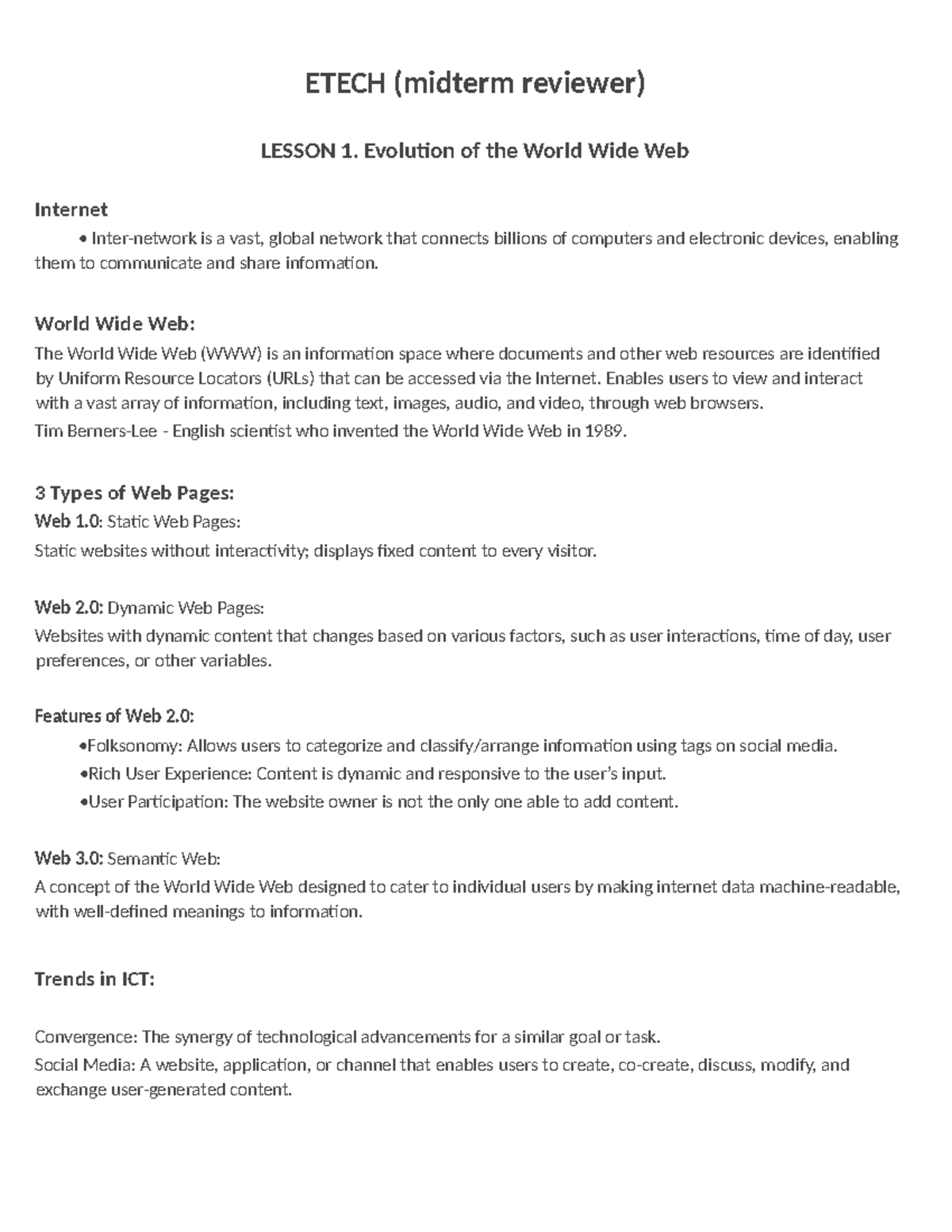 Etech-midterm-reviewer - ETECH (midterm reviewer) LESSON 1. Evolution of the World Wide Web ...