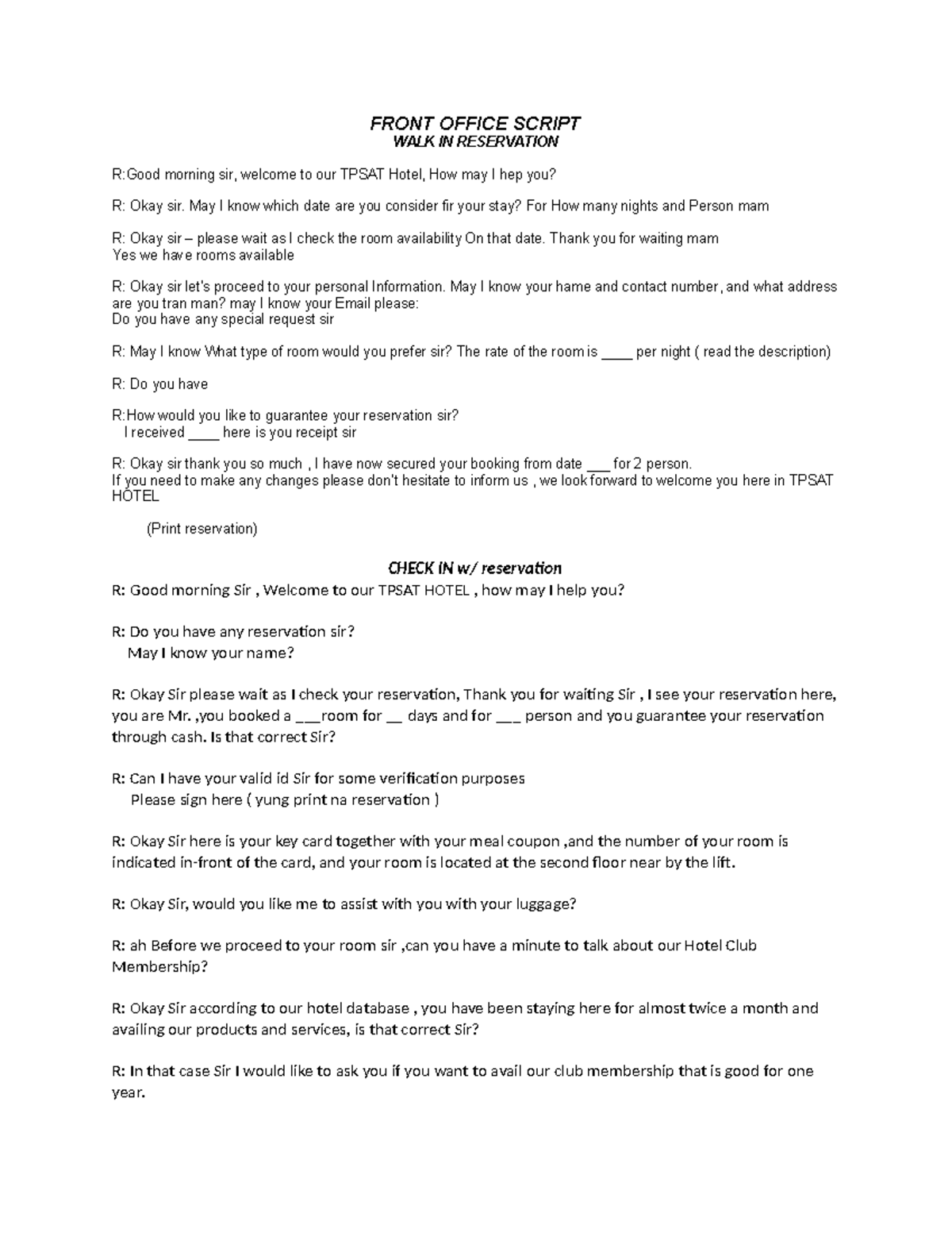 Script for front office - FRONT OFFICE SCRIPT WALK IN RESERVATION R ...