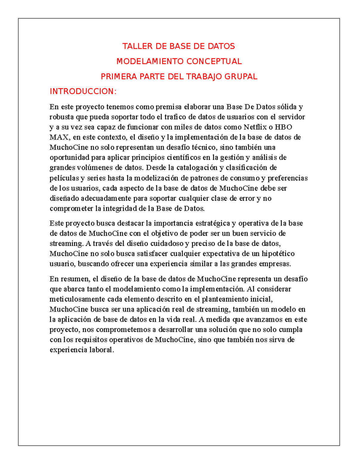 Taller DE BASE DE Datos - modelamiento conceptual - introduccion - TALLER DE BASE DE DATOS - Studocu