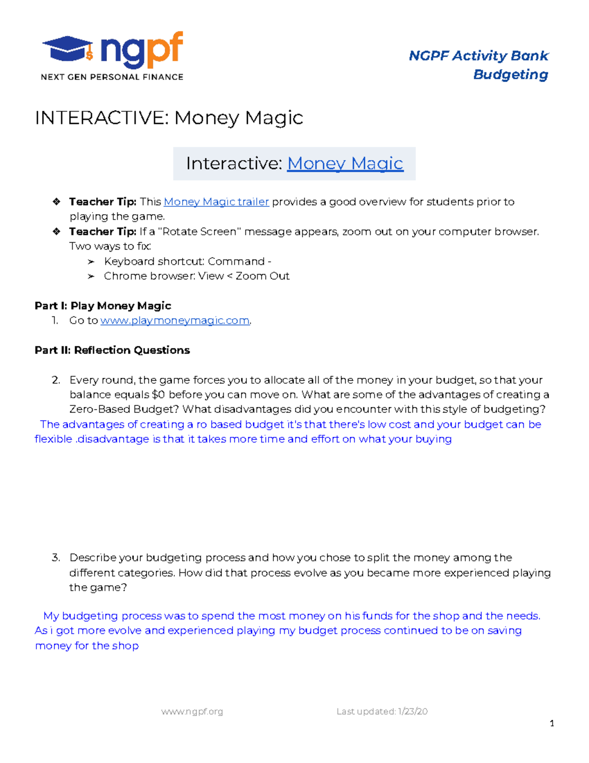 Copy of Interactive Money Magic - NGPF Activity Bank Budgeting ...