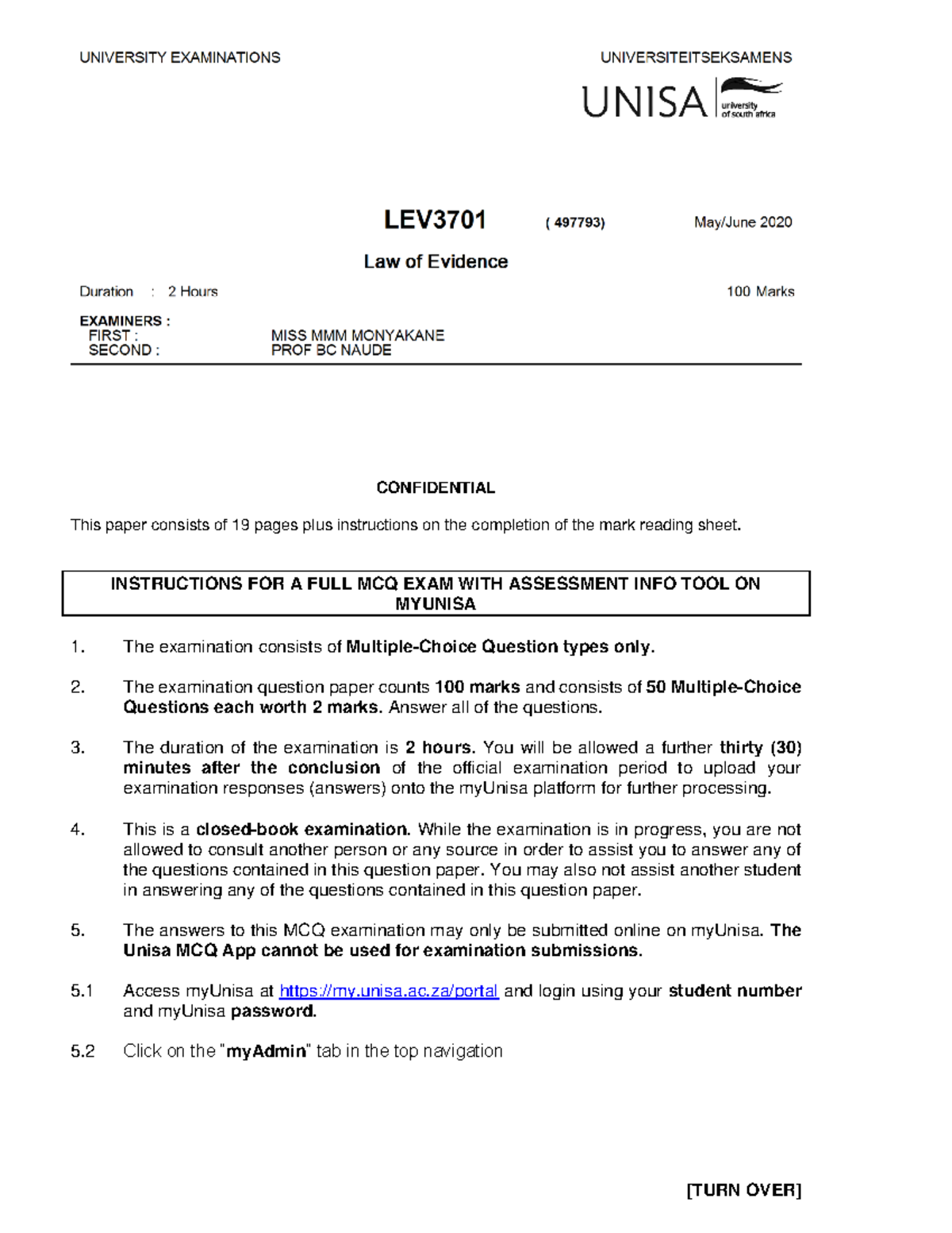 LEV3701 Law of evidence exam - CONFIDENTIAL This paper consists of 19 ...