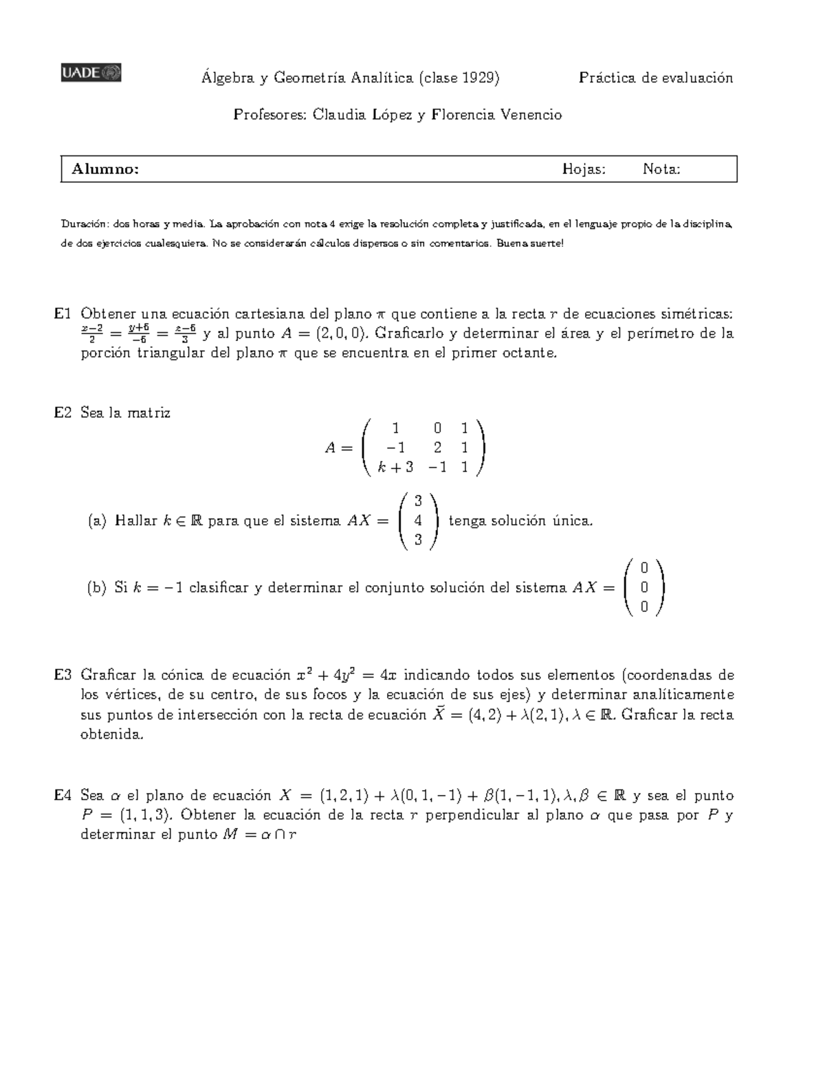 Práctica DE Evaluación Segundo Parcial - Algebra y Geometr ́ ́ ıa Anal ́ıtica (clase 1929) Pr ...