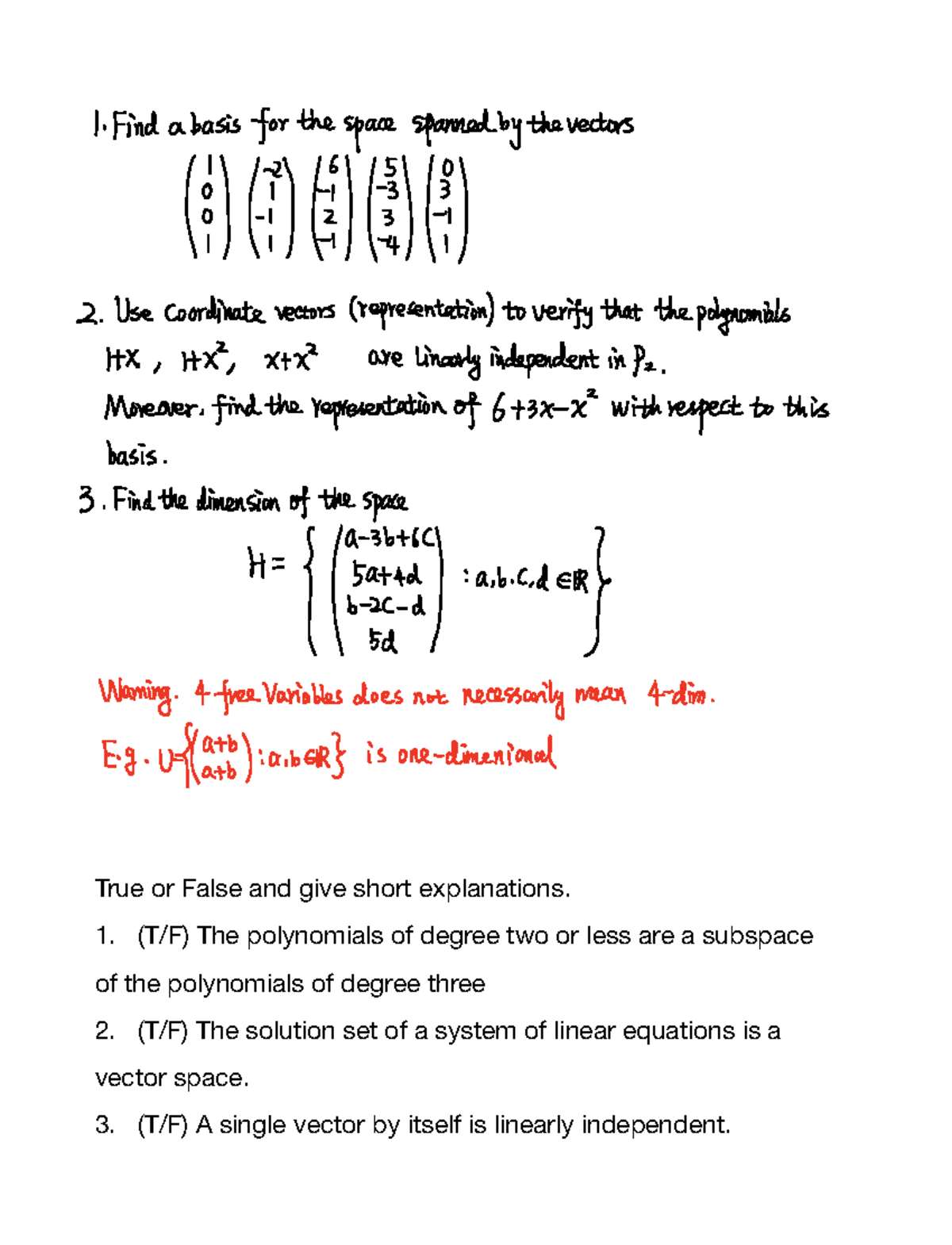 Math 3351 HW04 - /// - True or False and give short explanations. 1. (T ...