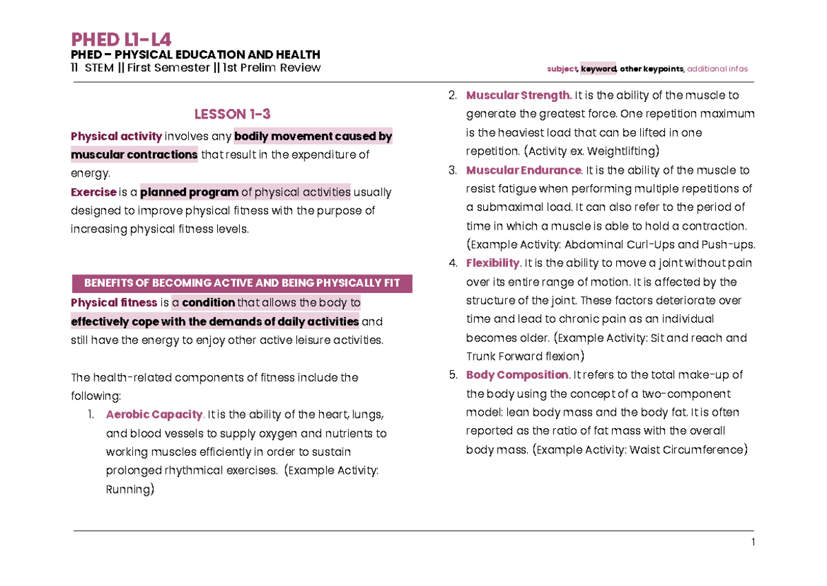 PHED L1- L4 - easy and usable - PHED – PHYSICAL EDUCATION AND HEALTH 11 ...