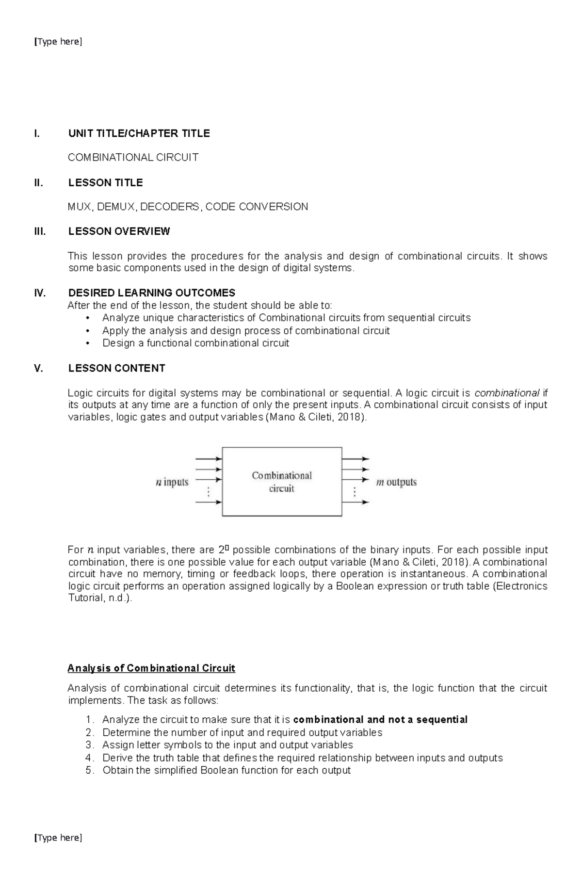 Module 3-LCD - I. UNIT TITLE/CHAPTER TITLE COMBINATIONAL CIRCUIT II. LESSON TITLE MUX, DEMUX ...