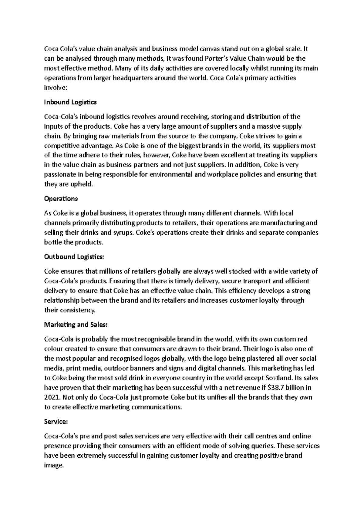 Coca-Cola Porter's Value Chain - Coca Cola’s value chain analysis and ...