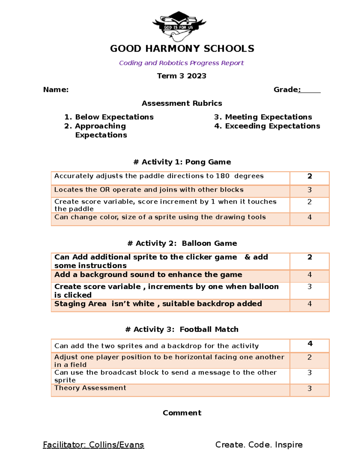 Term 3 Assessment - grading rubrics for scratch - GOOD HARMONY SCHOOLS ...