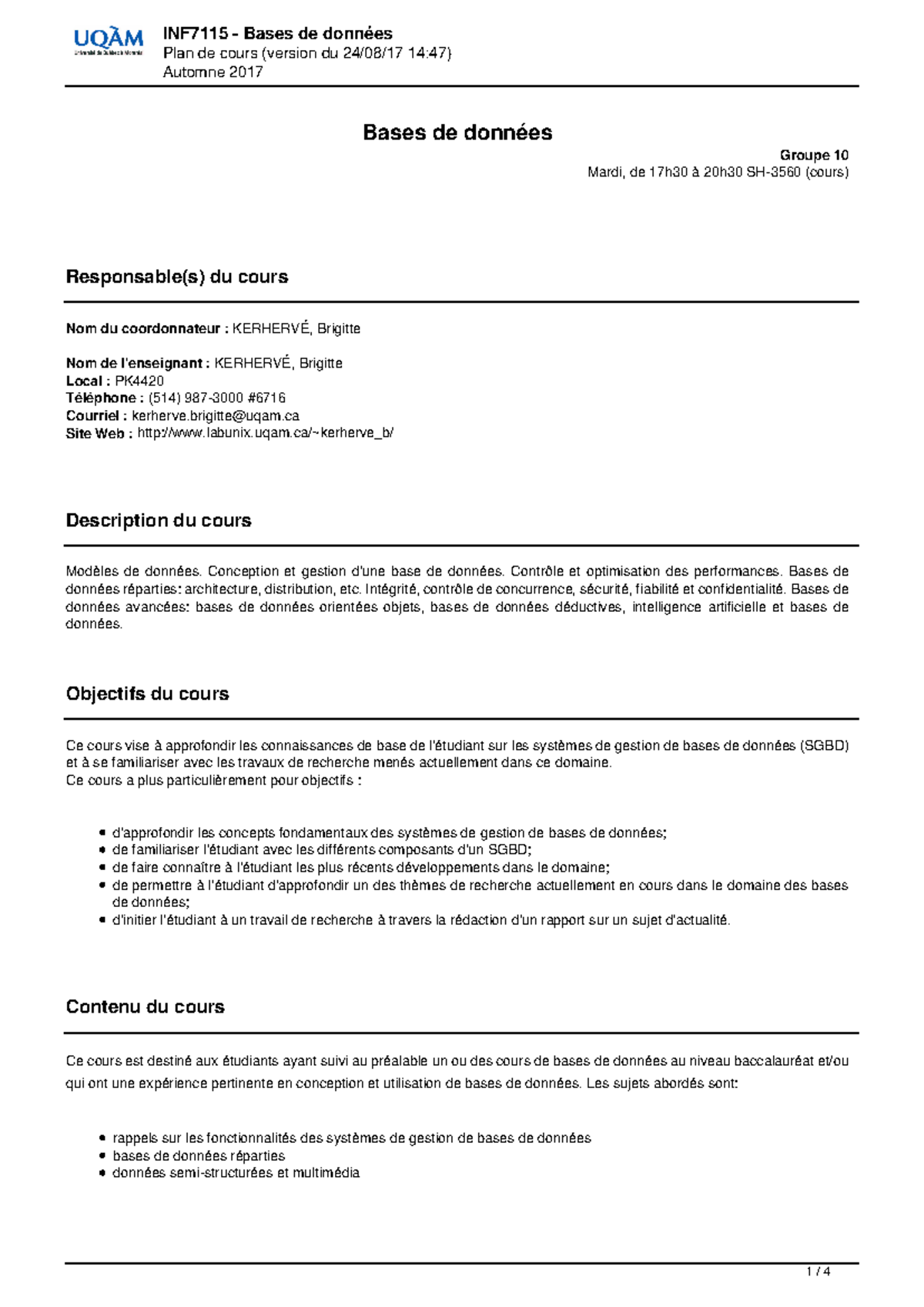 Plan du cours INF7115 Base de données - Plan de cours (version du 24/08/17 14:47) Automne 2017 ...