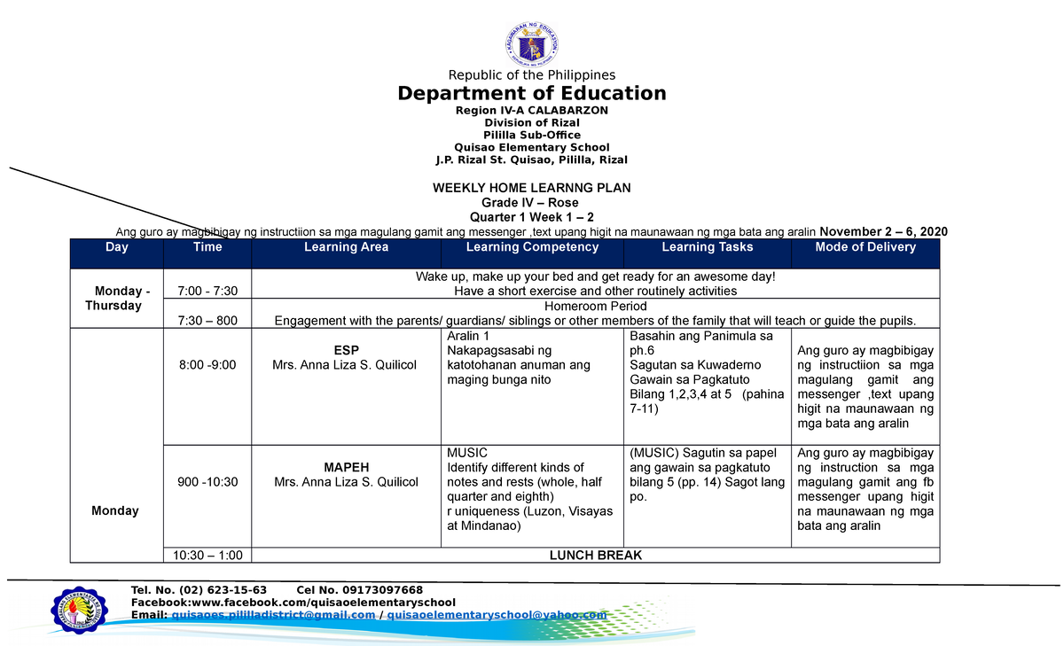 Learning-PLAN WEEK 1 2nd month - Republic of the Philippines Department ...