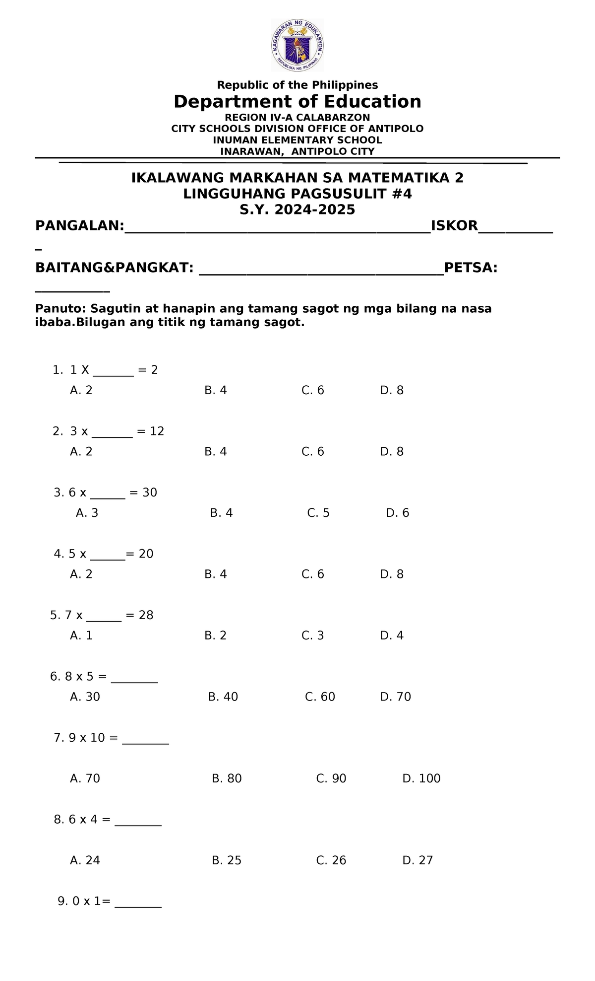 Q2-MATH2- Summative AND Performance TASK #4 - Republic of the ...