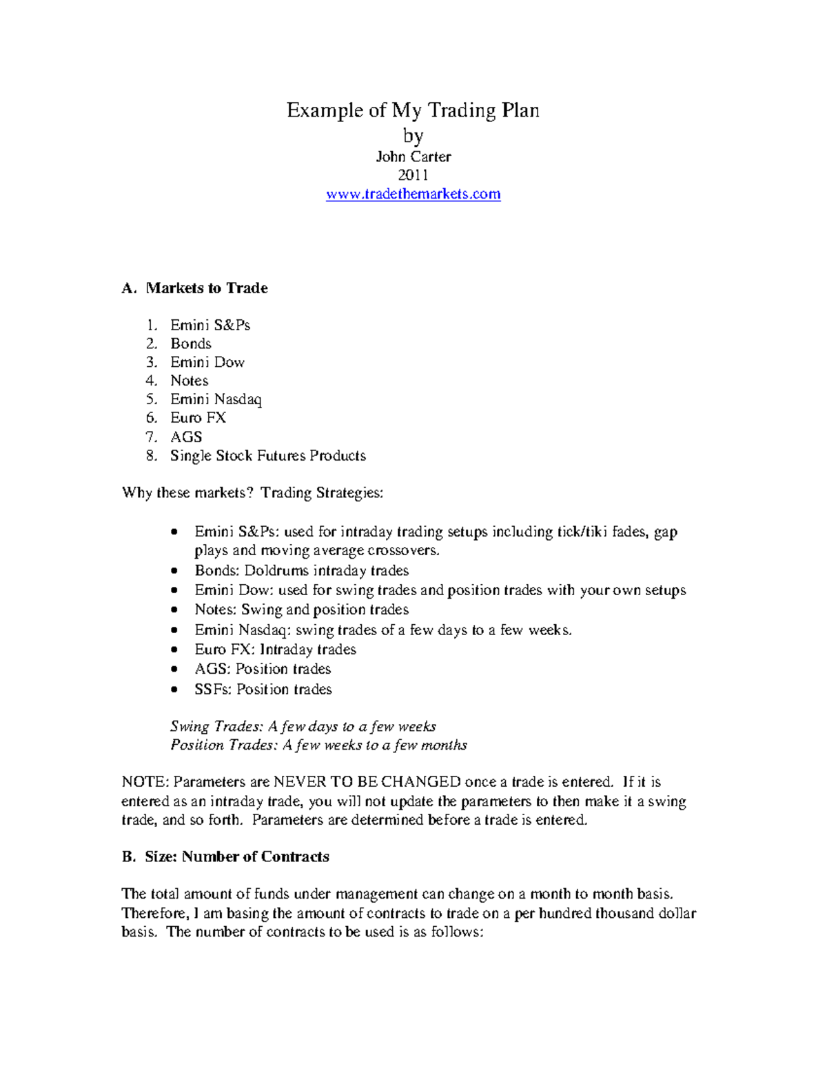 John carters trading plans - Example of My Trading Plan by John Carter ...