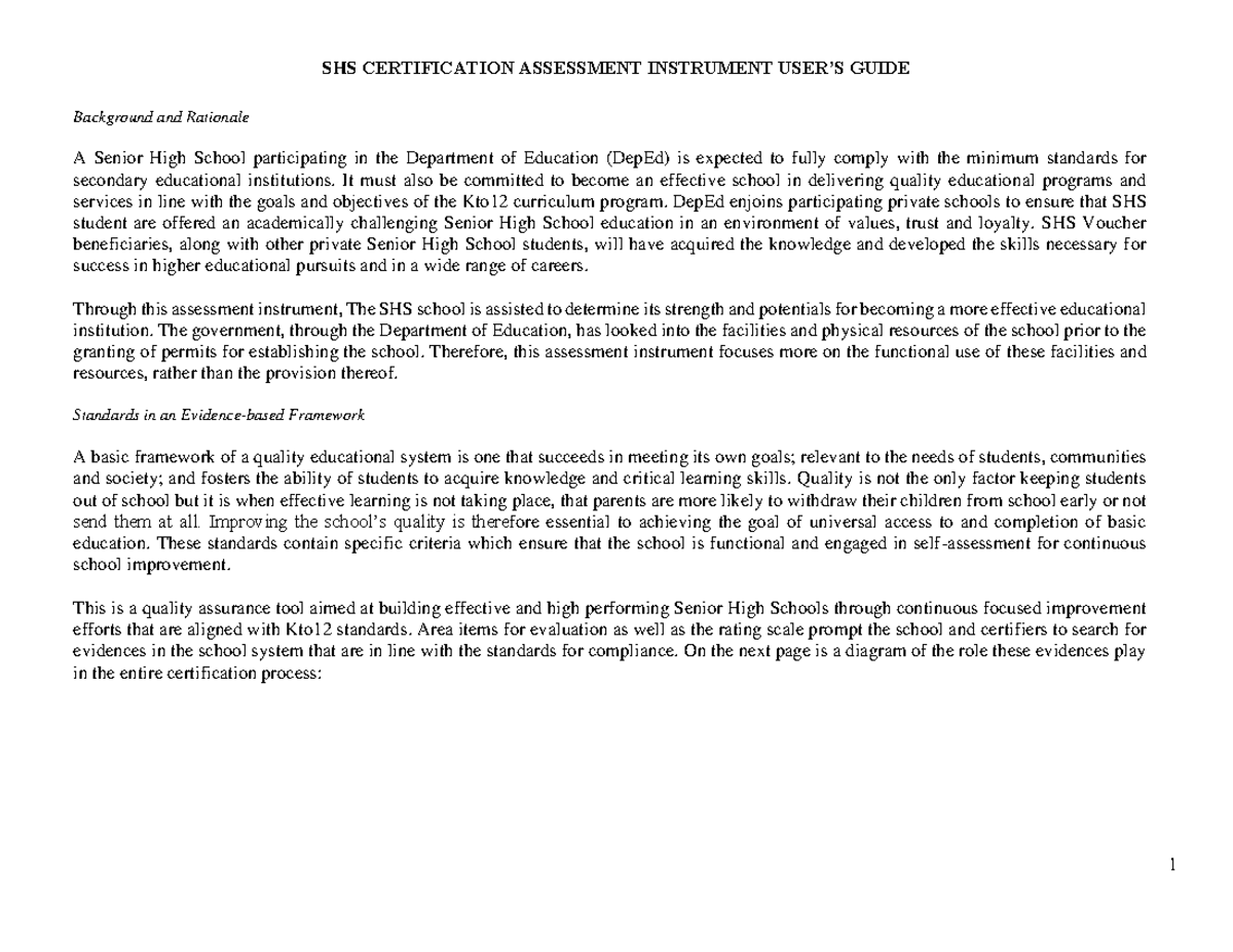 Updated SHS Usersguide Dec - SHS CERTIFICATION ASSESSMENT INSTRUMENT ...