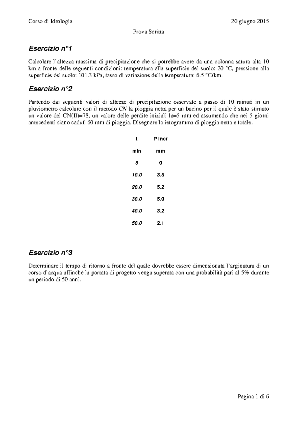 20-6-15 - Prova d'esame svolta di Idrologia - Prova Scritta Esercizio n ...