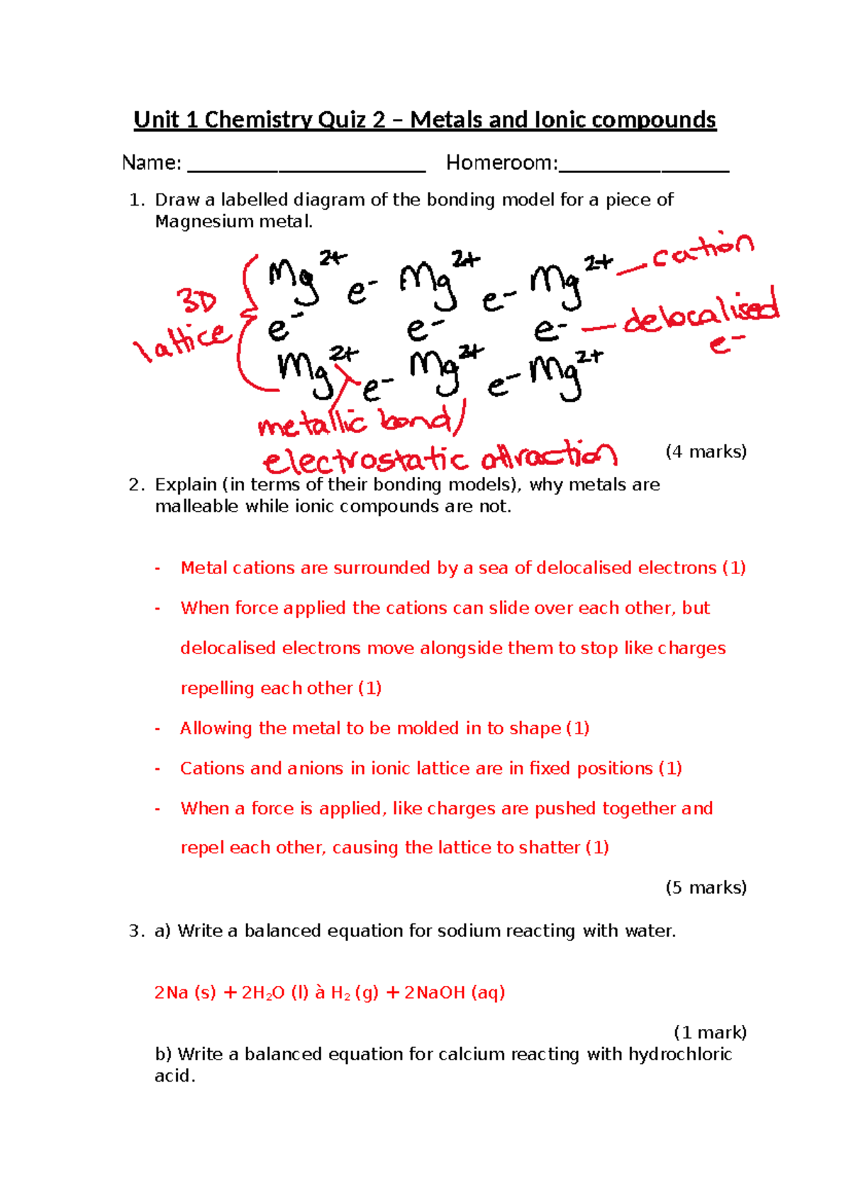 Quiz 2 - Metallic and Ionic Bonding ( Solutions) - Unit 1 Chemistry ...