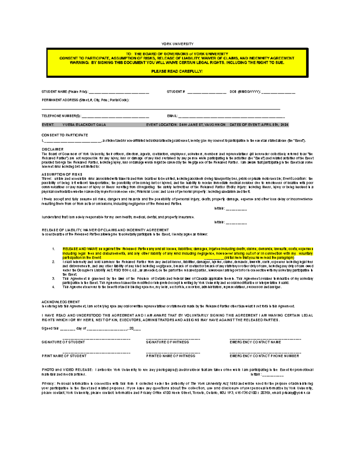 Waivers Calculated - YORK UNIVERSITY STUDENT NAME (Please Print