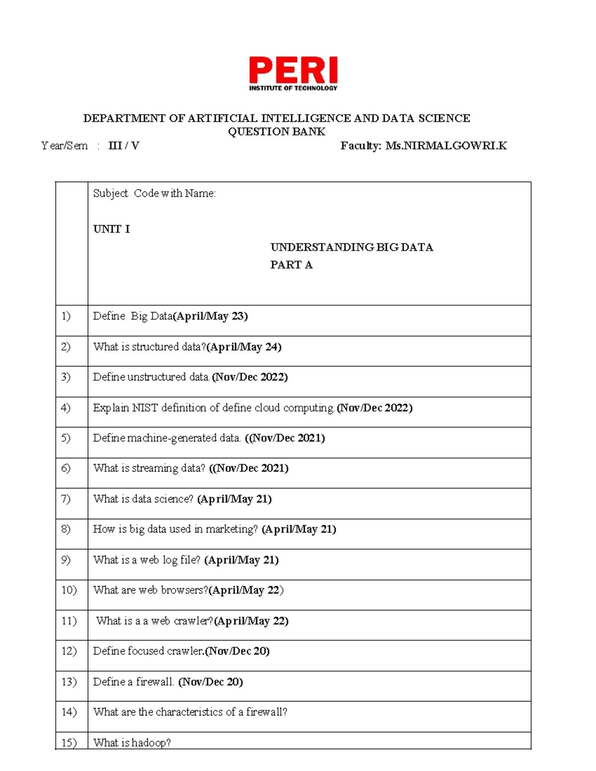 CCS334 BIG DATA Analytics Question BANK Table - DEPARTMENT OF ARTIFICIAL INTELLIGENCE AND DATA ...