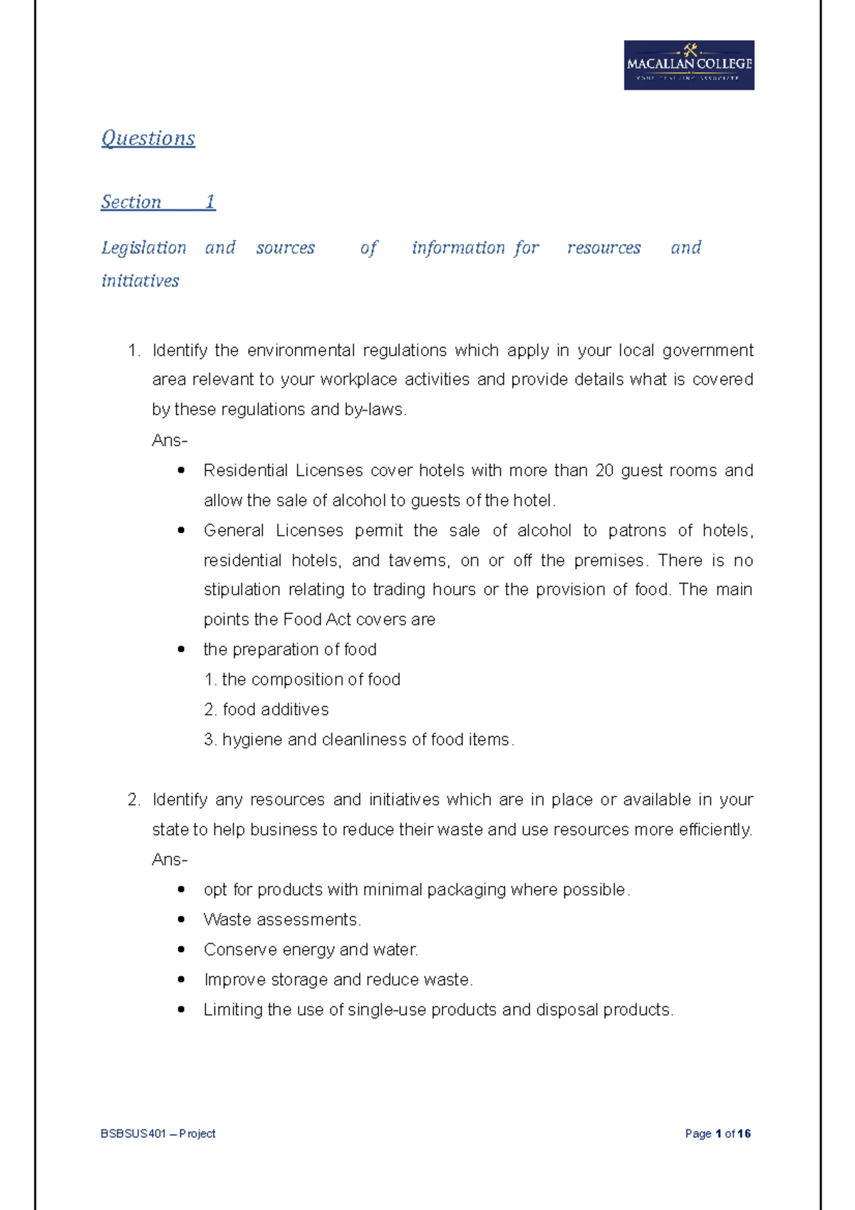 Bsbsus 401 - 2023 - Questions Section 1 Legislation and sources of ...