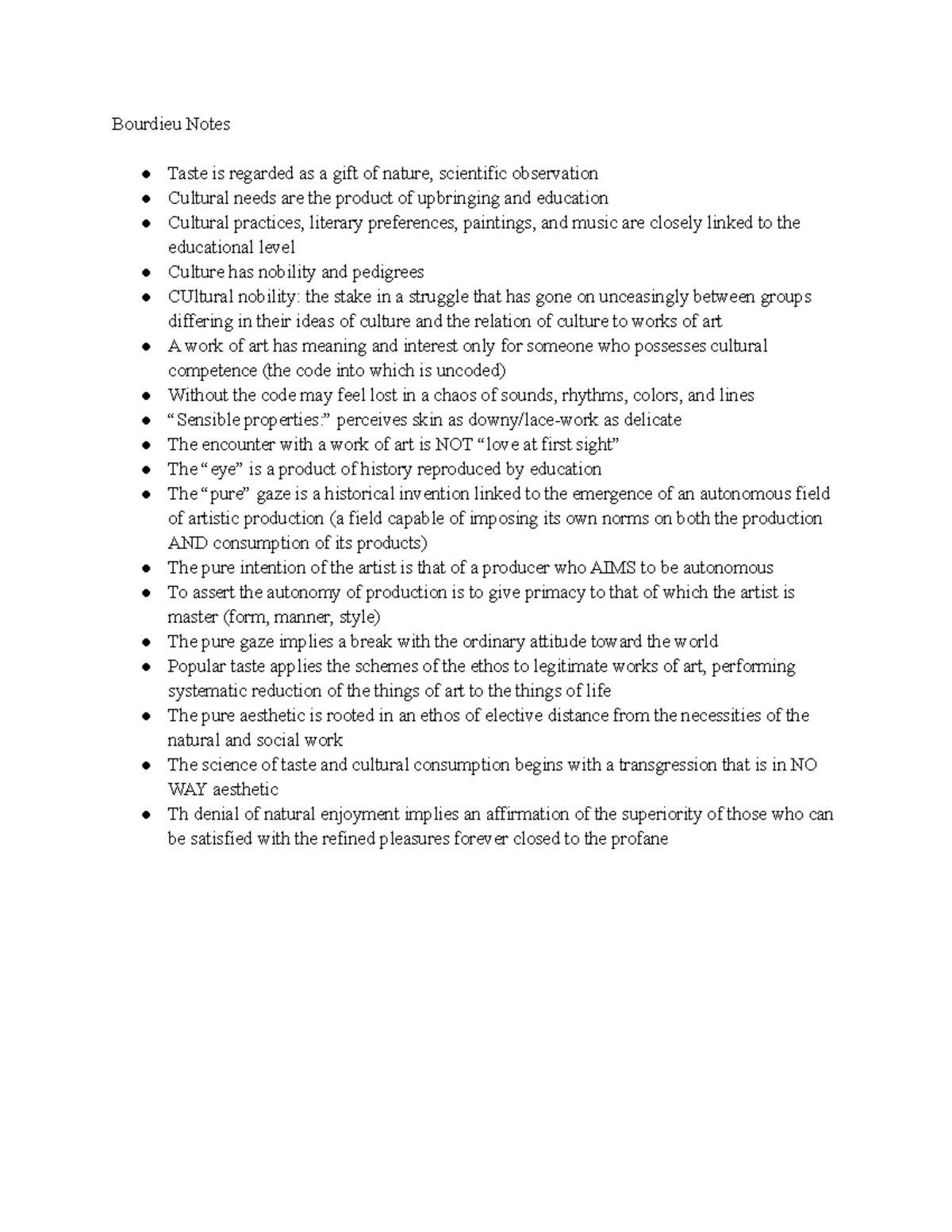 Bourdieu Notes - Bourdieu Notes Taste is regarded as a gift of nature ...