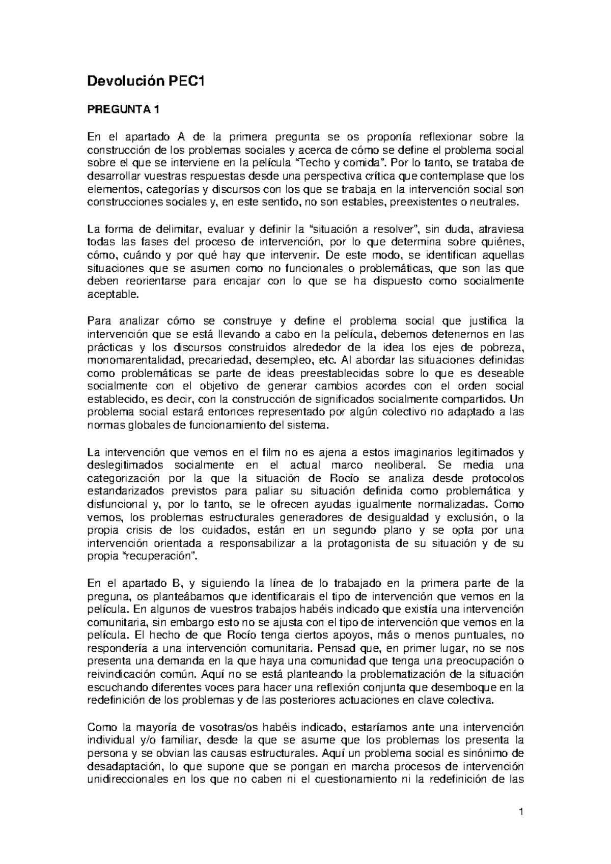 Devolución PEC 1 evaluación - Devolución PEC PREGUNTA 1 En el apartado A de la primera pregunta ...