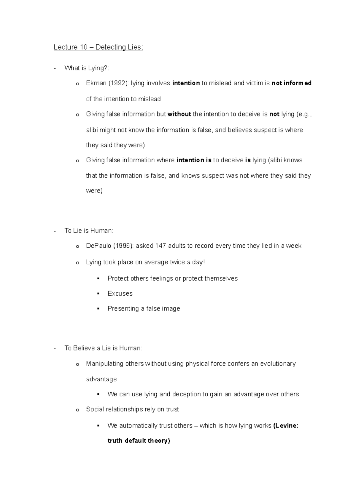 Detecting Lies in suspects - Lecture 10 – Detecting Lies: What is Lying ...