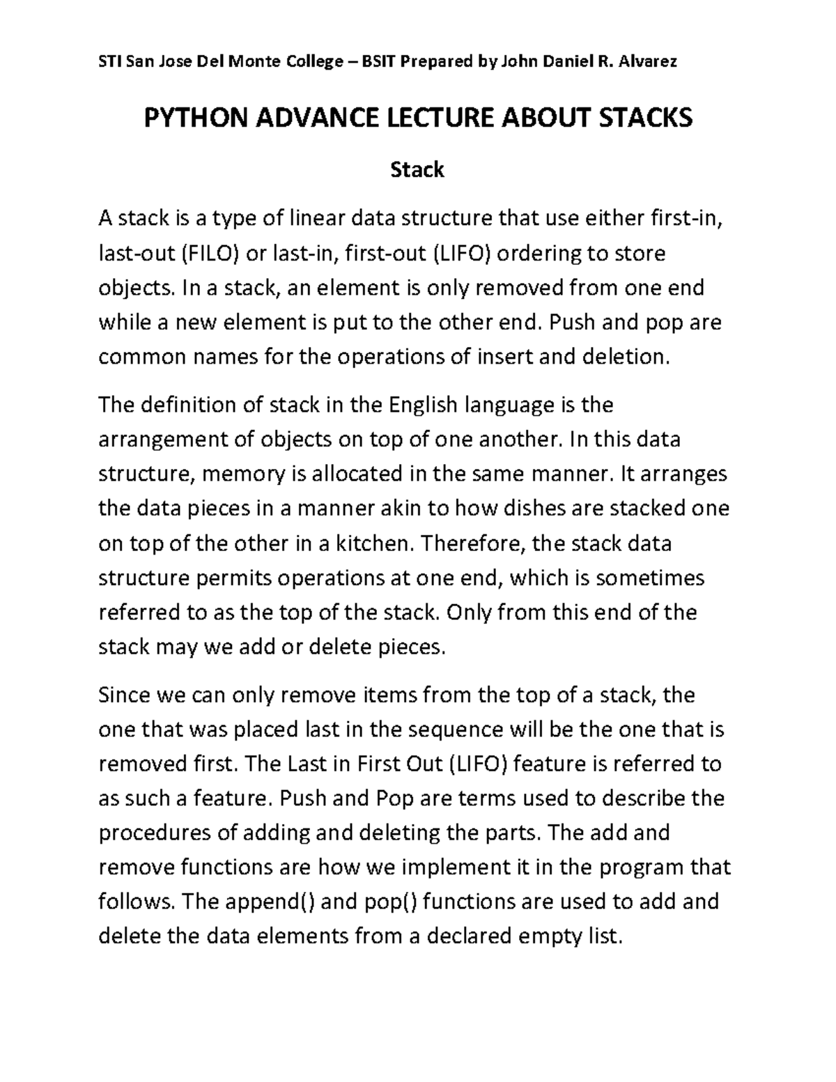 Python Advance Lecture About Stacks Python Advance Lecture About Stacks Stack A Stack Is A