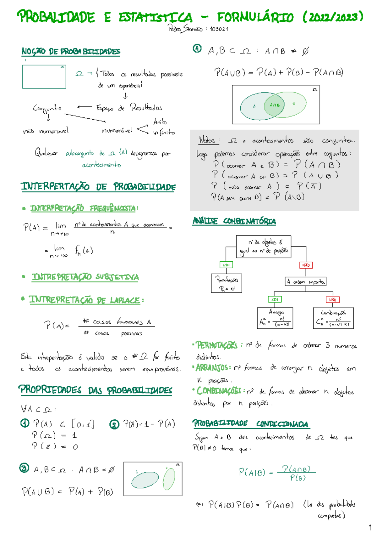 Resumo PE Semião - PROBALIDADE E ESTATISTICA - FORMULARIO (2022/2023 ...