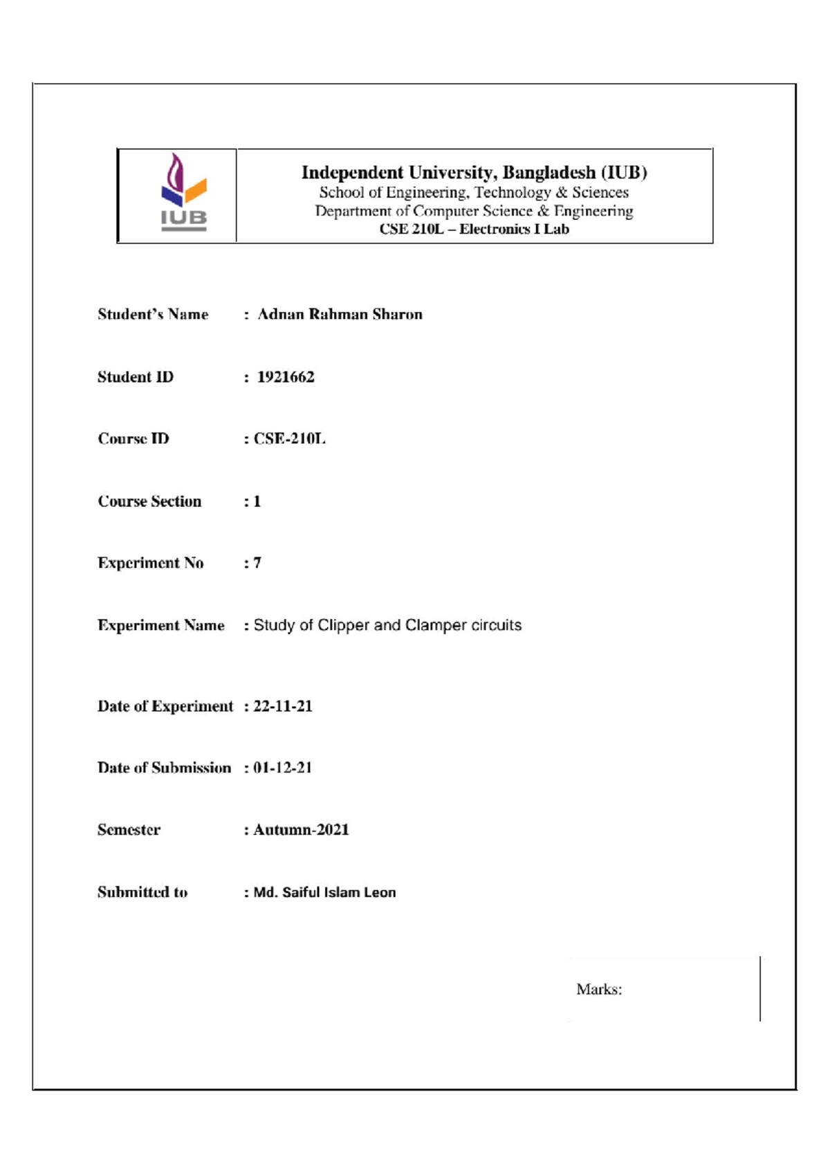 1921662 lab7 210L - N/A - Independent University, Bangladesh (IUB ...