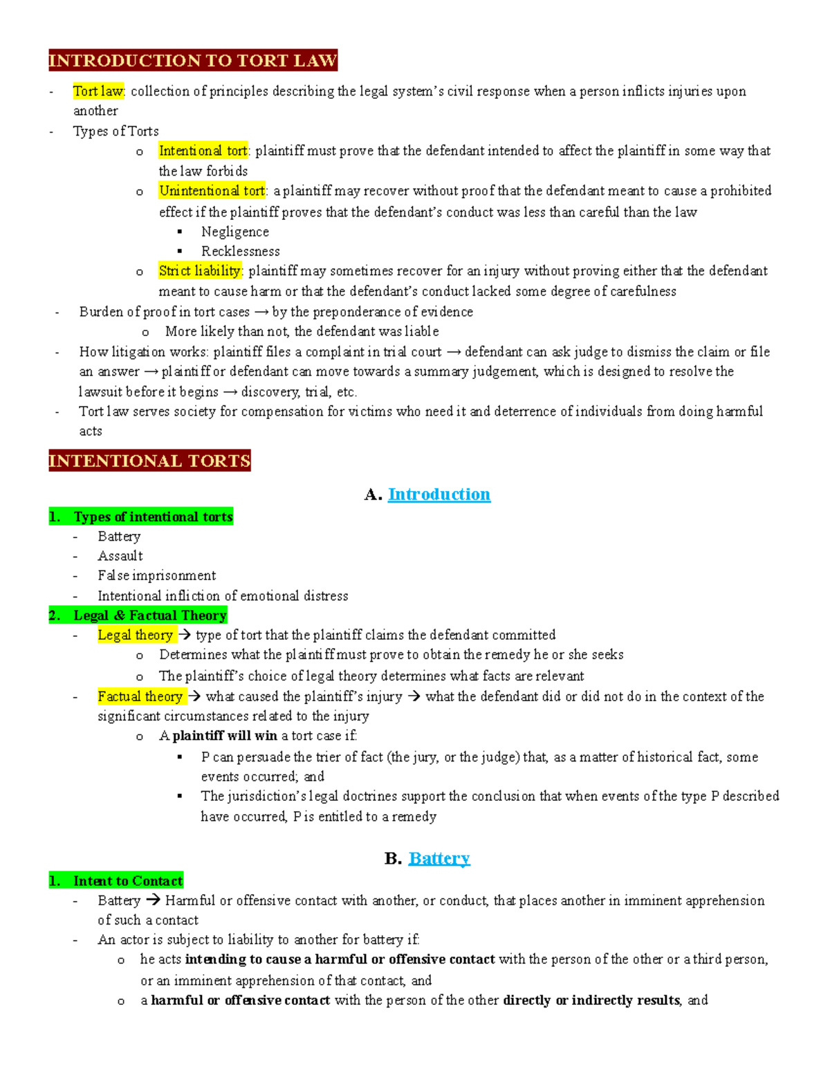 RK Outline - INTRODUCTION TO TORT LAW Tort law: collection of ...