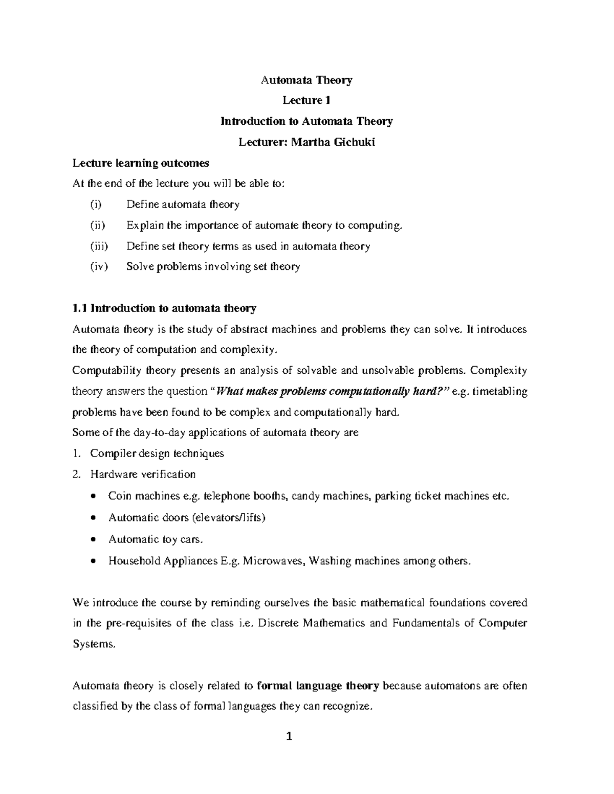 Automata Theory - Lecture 1 - Automata Theory Lecture 1 Introduction to Automata Theory Lecturer ...