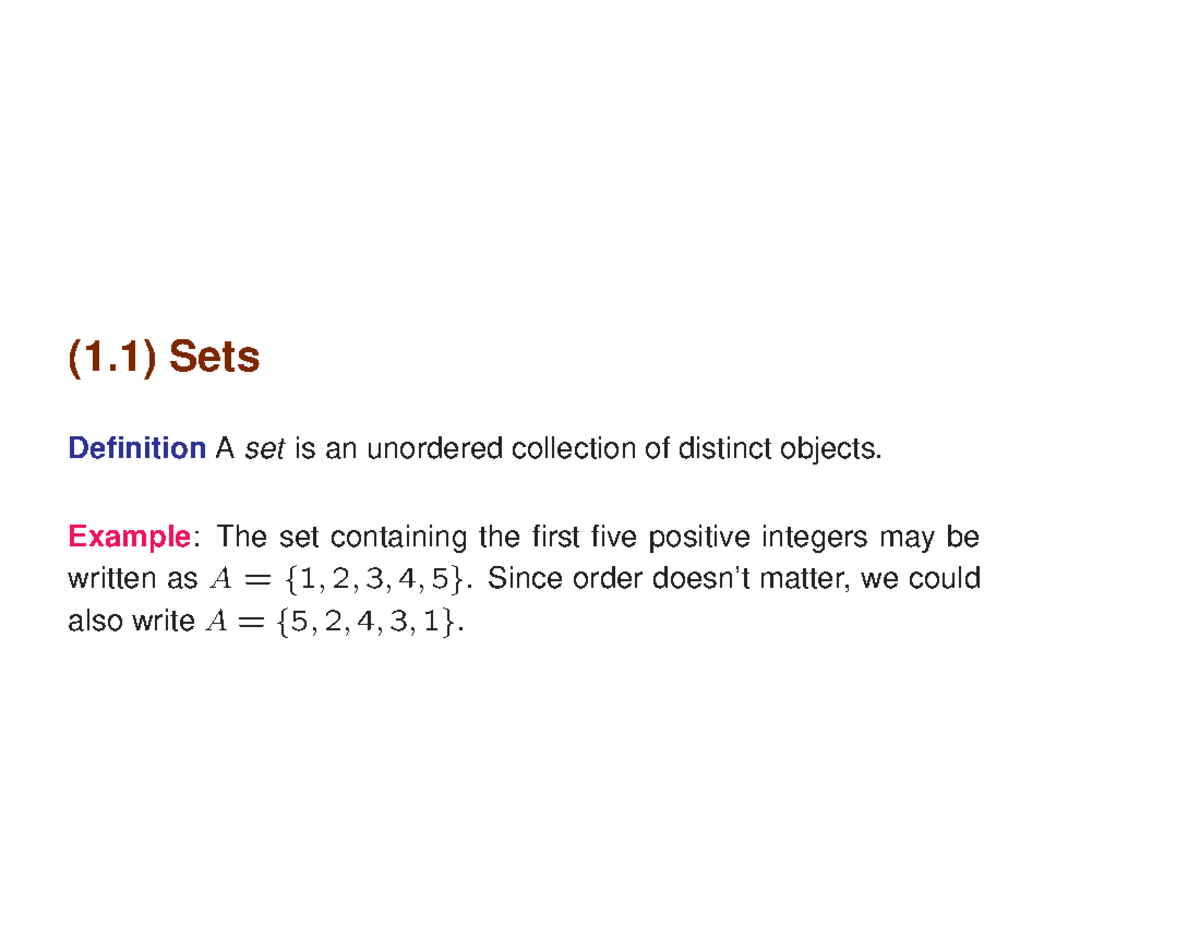 More set theory - (1) Sets Definition A set is an unordered collection ...