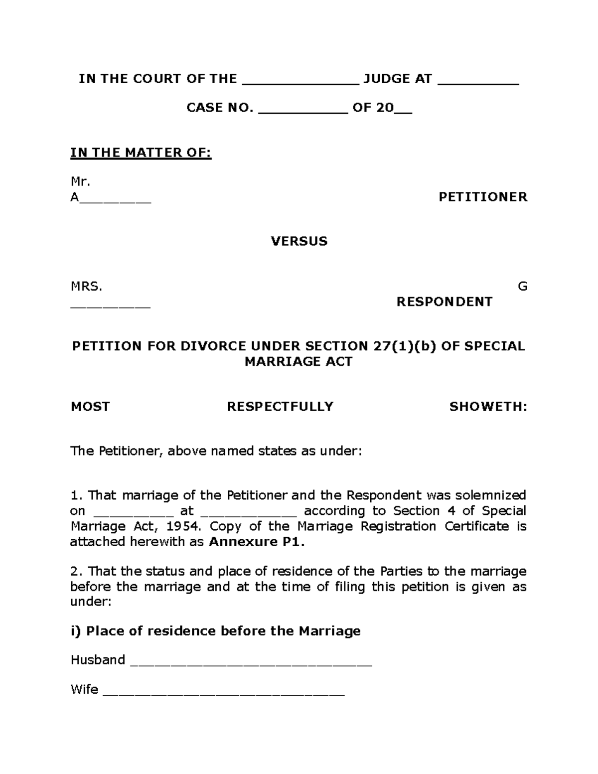 Divorce Petition under Special Marriage Act - Format - IN THE COURT OF ...