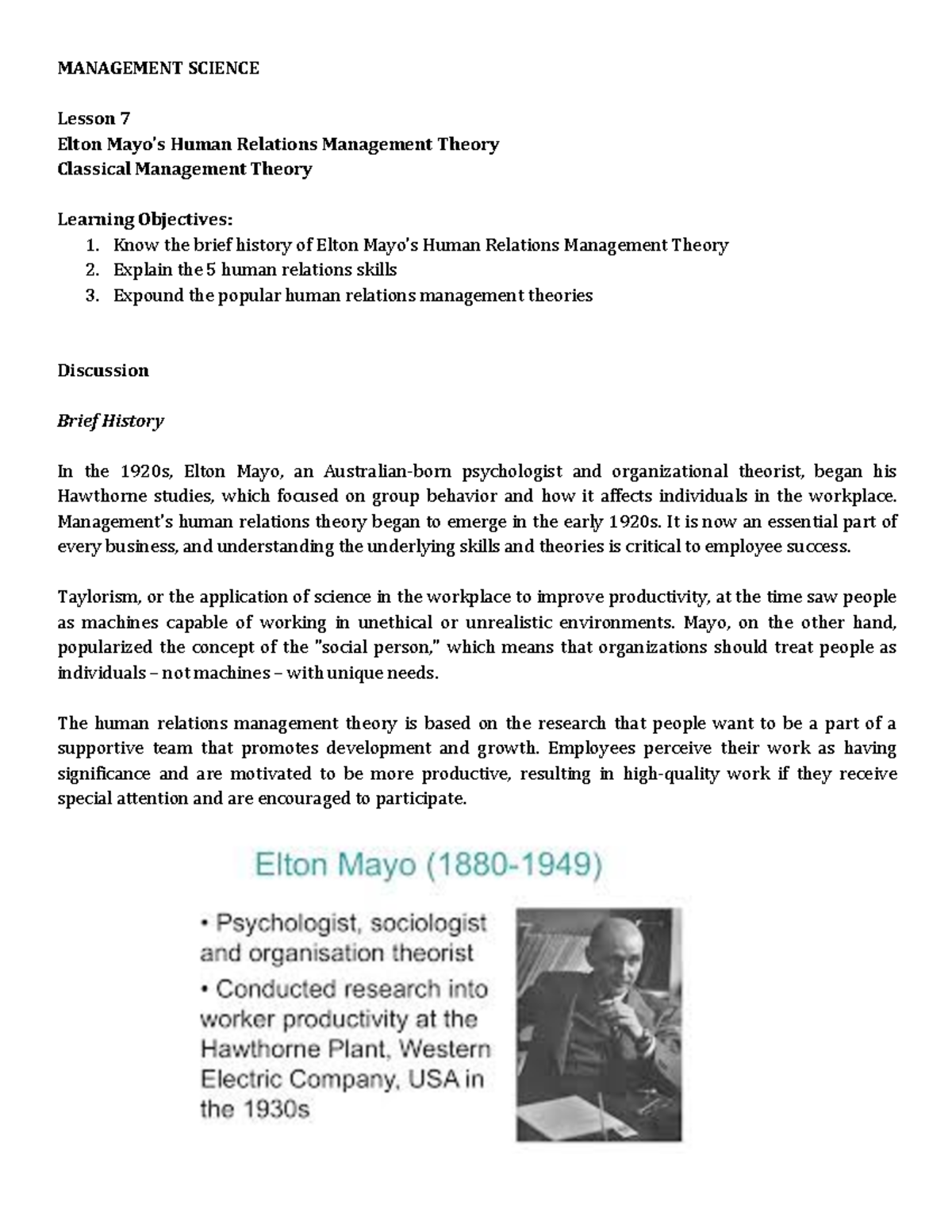 7Mayo+Human+Resource - MANAGEMENT SCIENCE **Lesson 7 Elton Mayo's Human ...