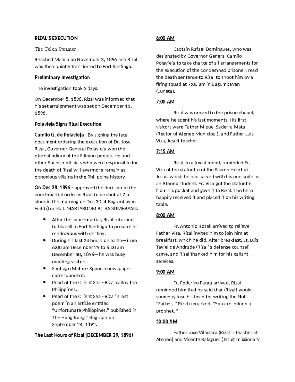 Rizal'S Execution - lecture - RIZAL’S EXECUTION The Colon Steamer ...