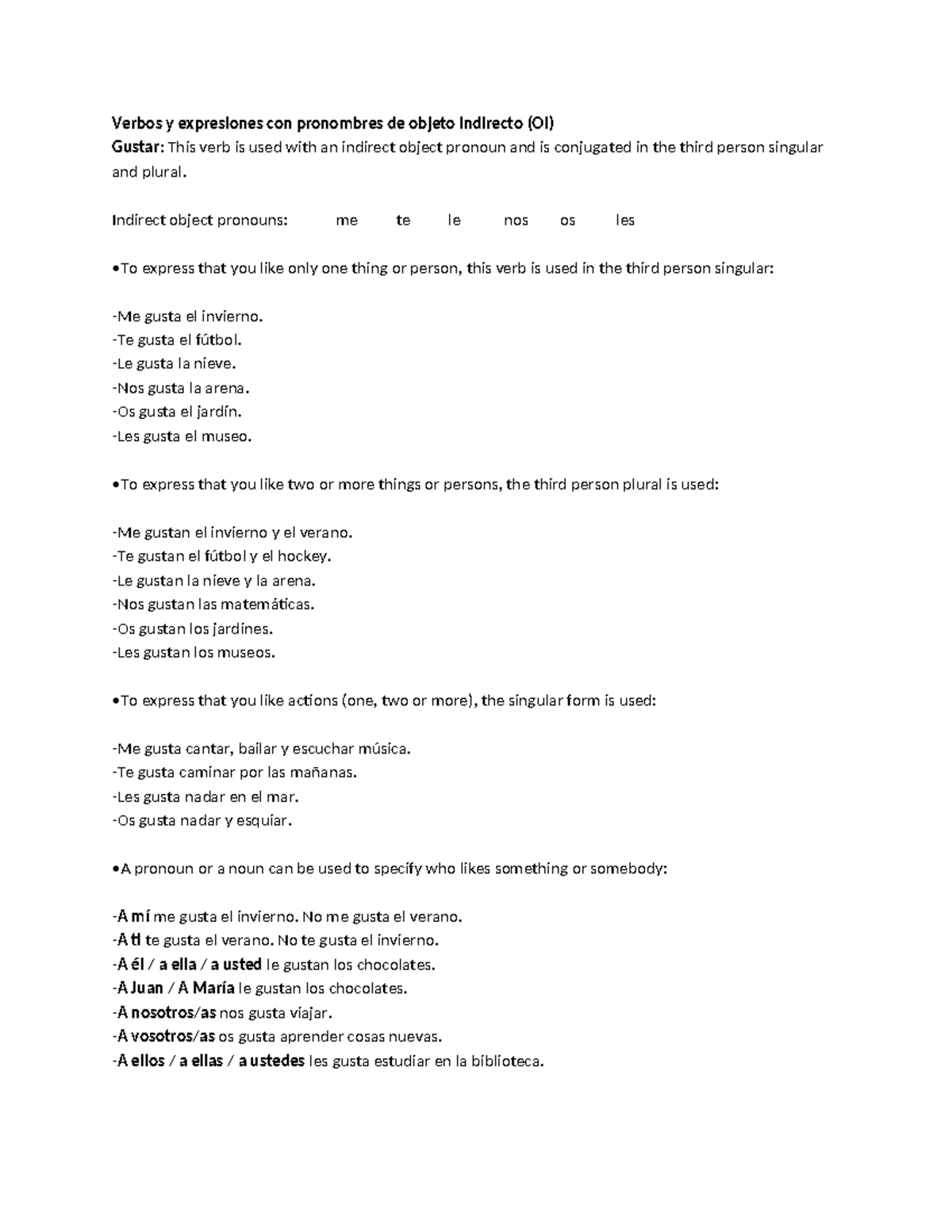 Verbo gustar - Verbos y expresiones con pronombres de objeto indirecto ...