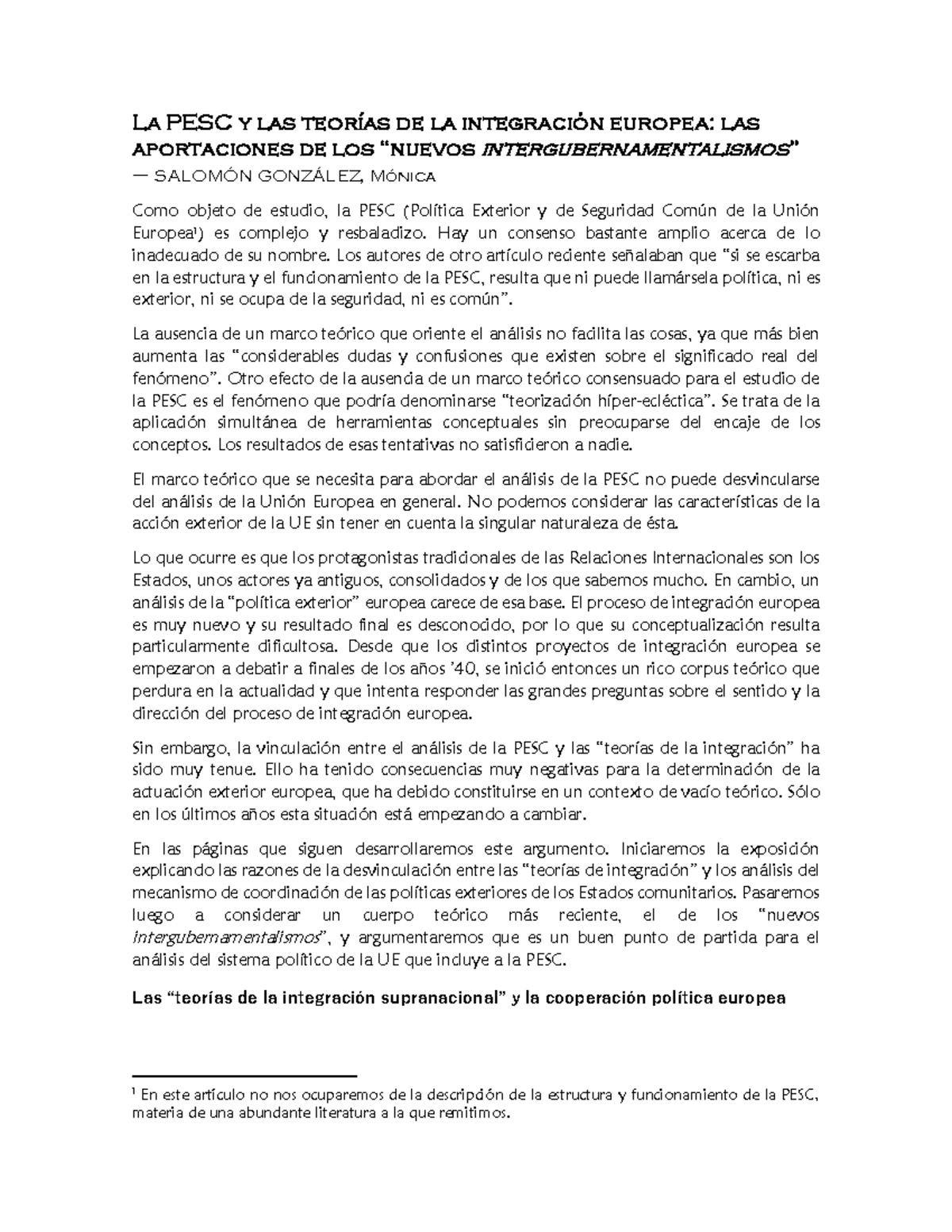 La PESC y las teorías de la integración europea Salomón González - La ...