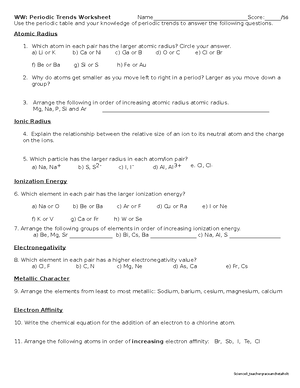 Periodic Trends Worksheet and KEY - Periodic Trends Worksheet Name