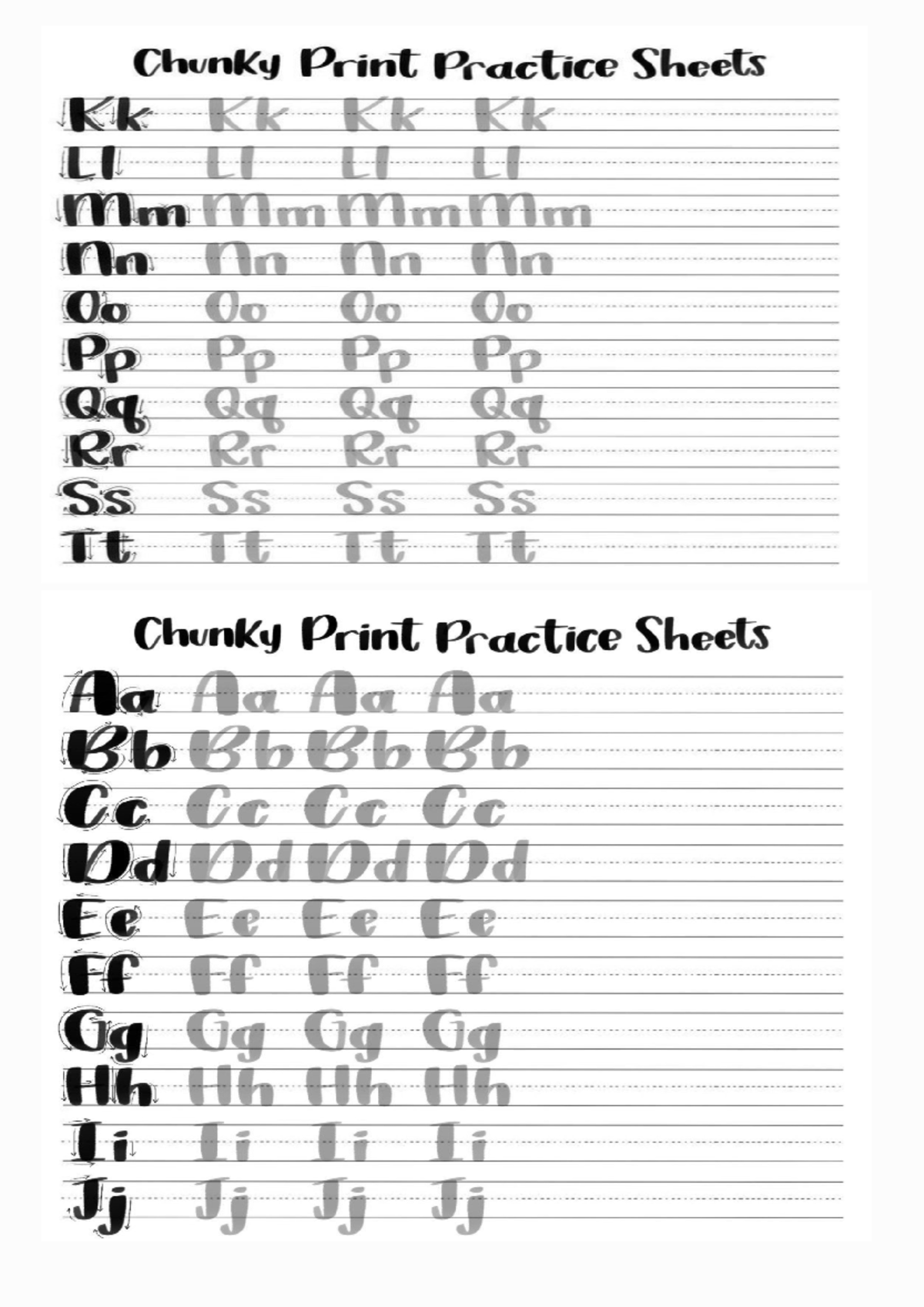 Lettering - Chunky Print Practice Sheets Kk Kk Kk Kk Mm nn nn nn nn Oo ...