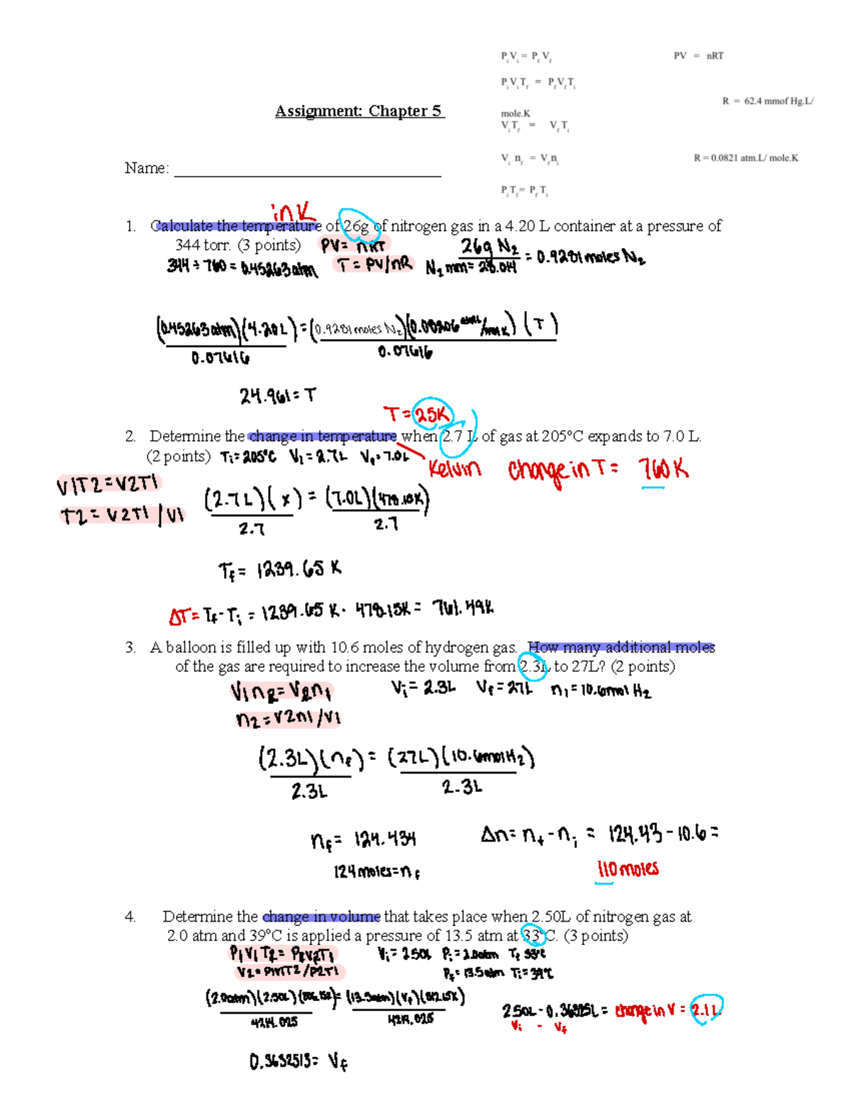 Chm 105 Coursework - Assignment: Chapter 5 Name: ________________________________ 1. Calculate ...