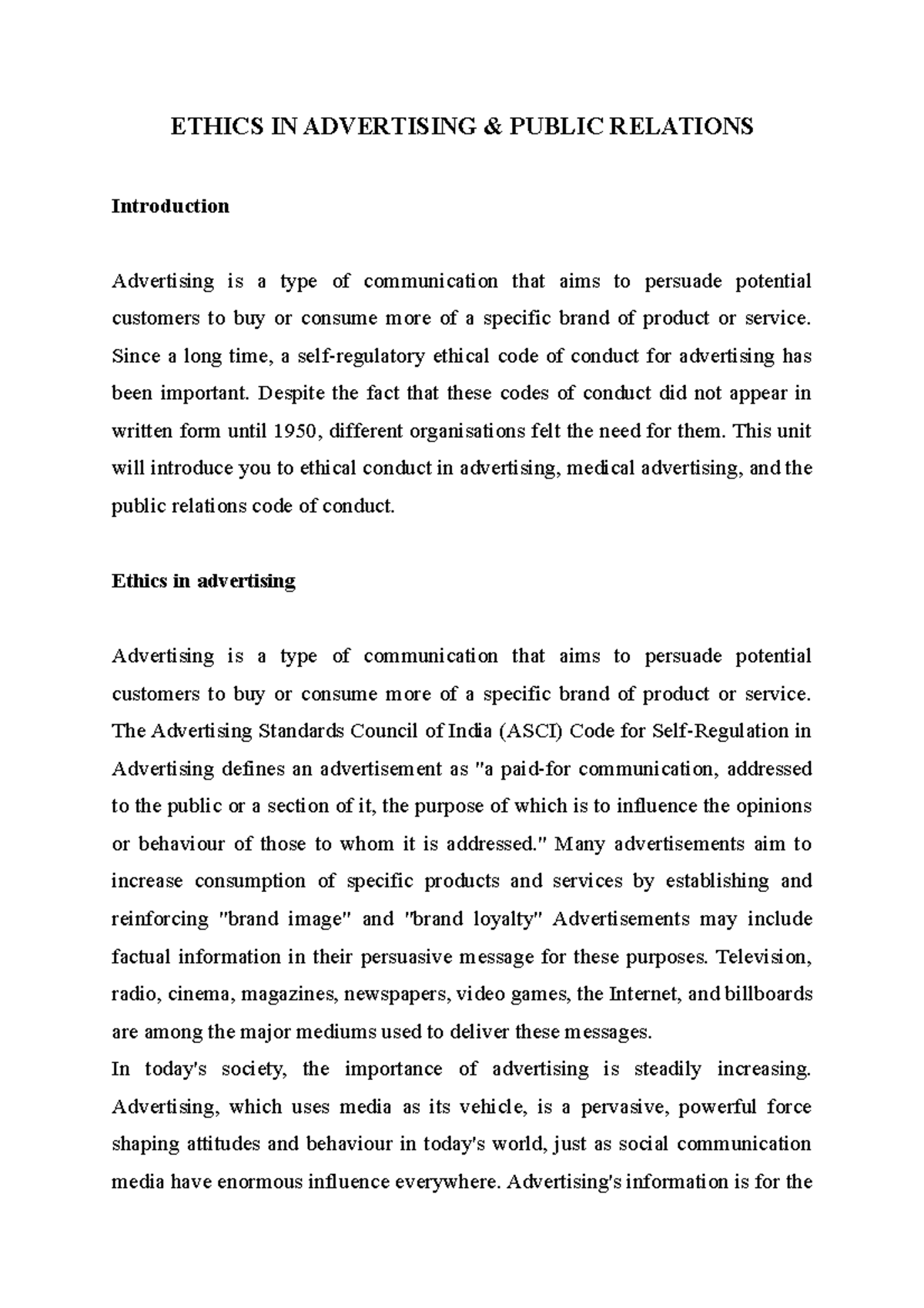 Ethics IN Advertising & Public Relations - ETHICS IN ADVERTISING ...