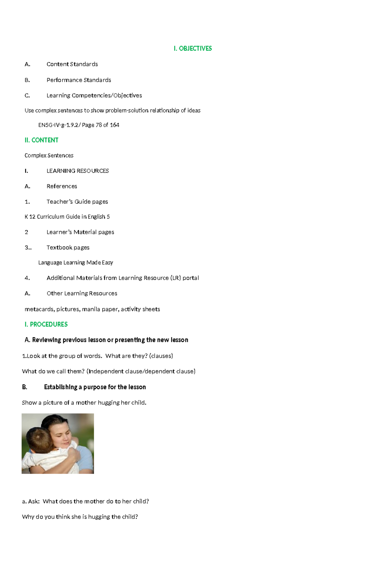 COT DLP English 5 Complex Sentence BY SIR REI Marasigan - I. OBJECTIVES ...