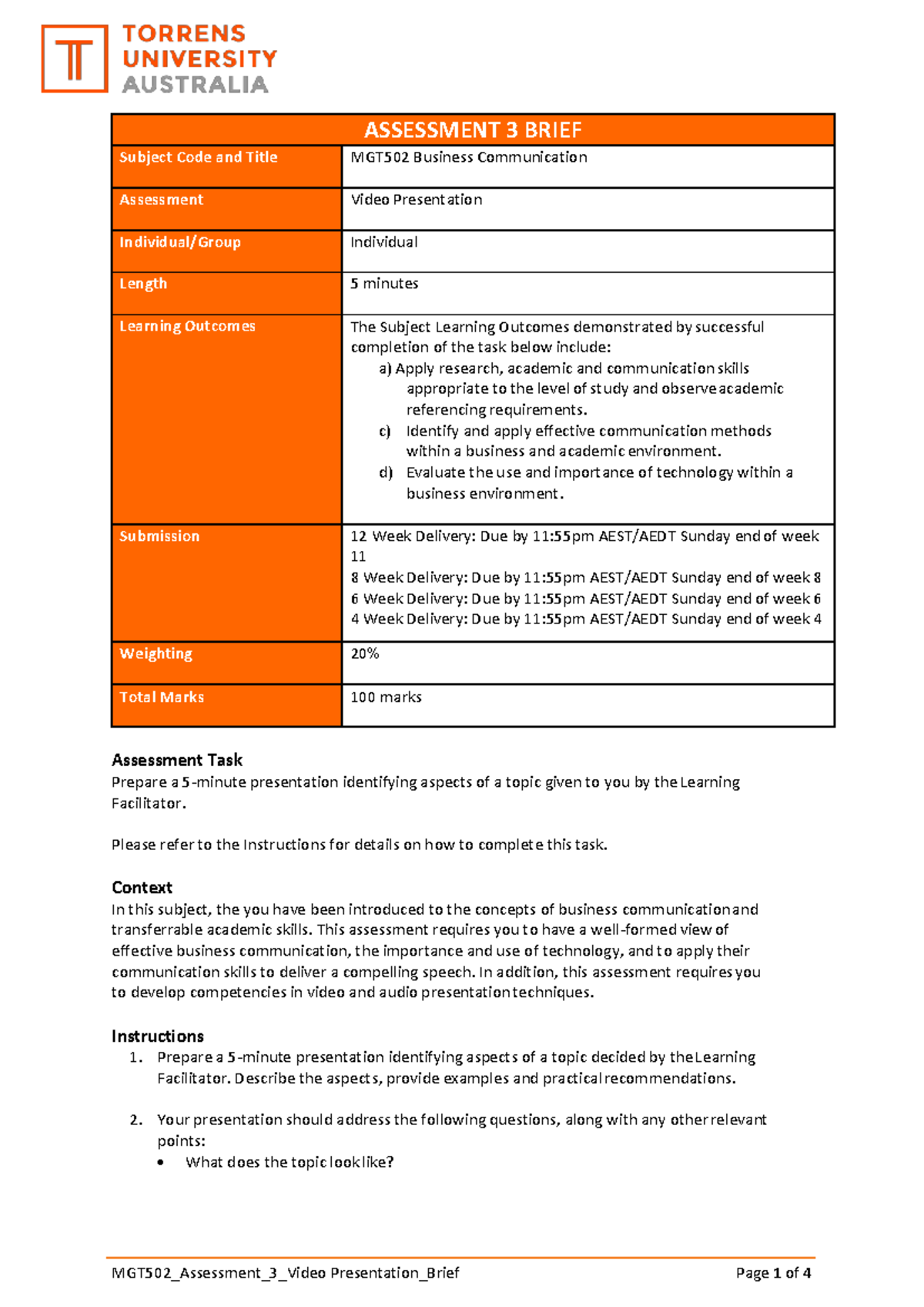 MGT502 Assessment 3 Instructional Presentation Brief Final - MGT 502 _Assessment_3_Video - Studocu