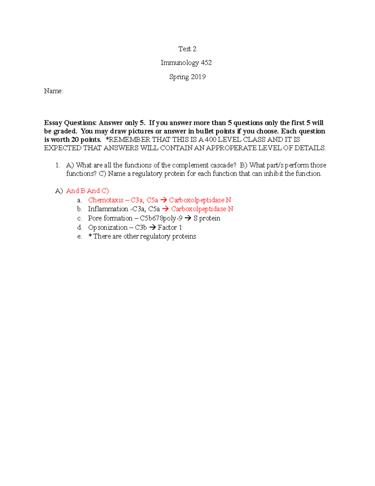 Spring 2019 BIOL 452 Test 2 - Test 2 Immunology 452 Spring 2019 Name ...